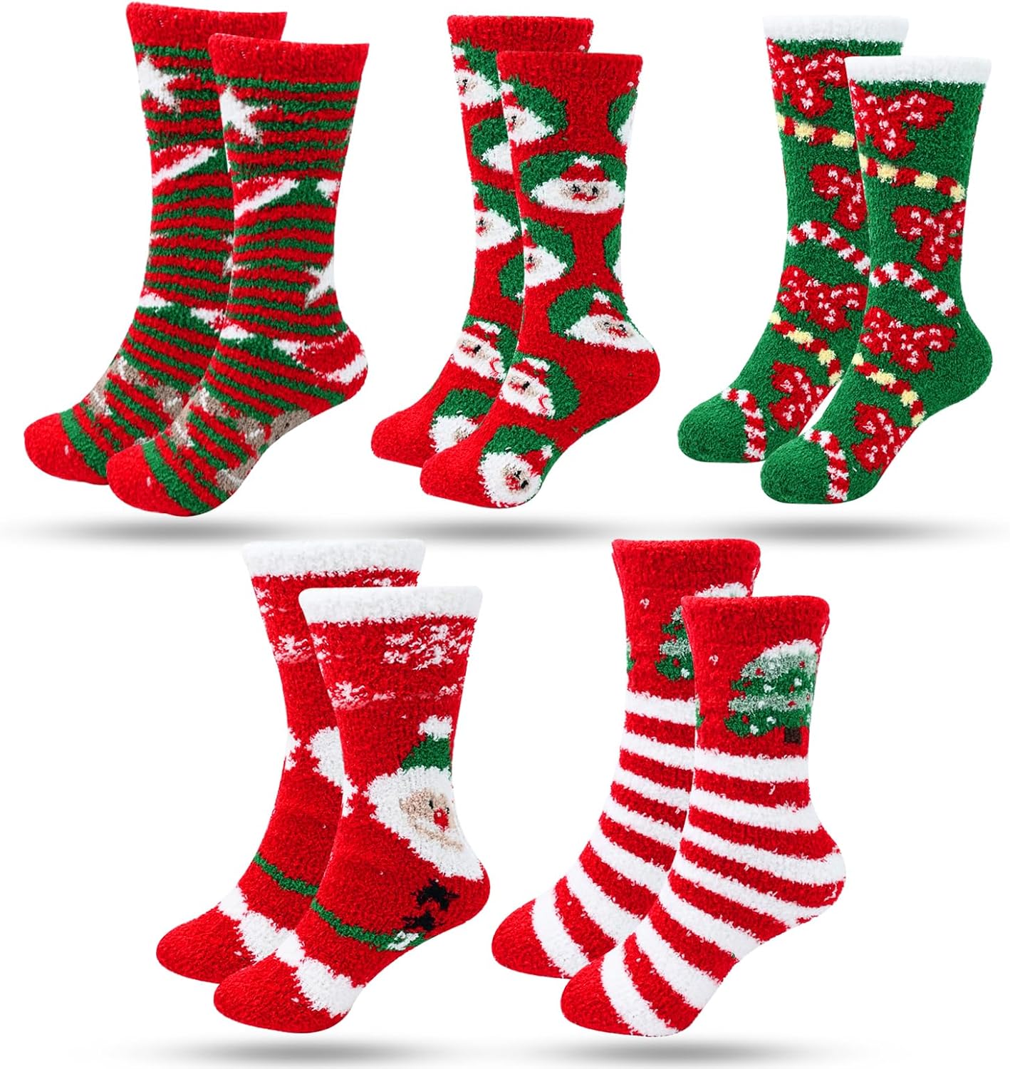 5 Pairs Christmas Socks, Fluffy Christmas Socks, Mid Calf Christmas ...
