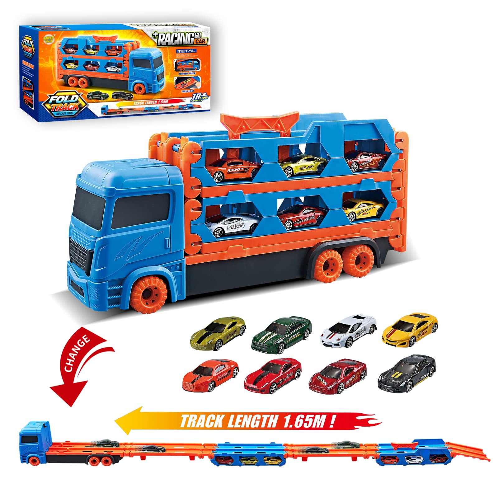 HSEONEJIA Big Hauler Transporter Truck Toy Set with 2 Ejection Race ...