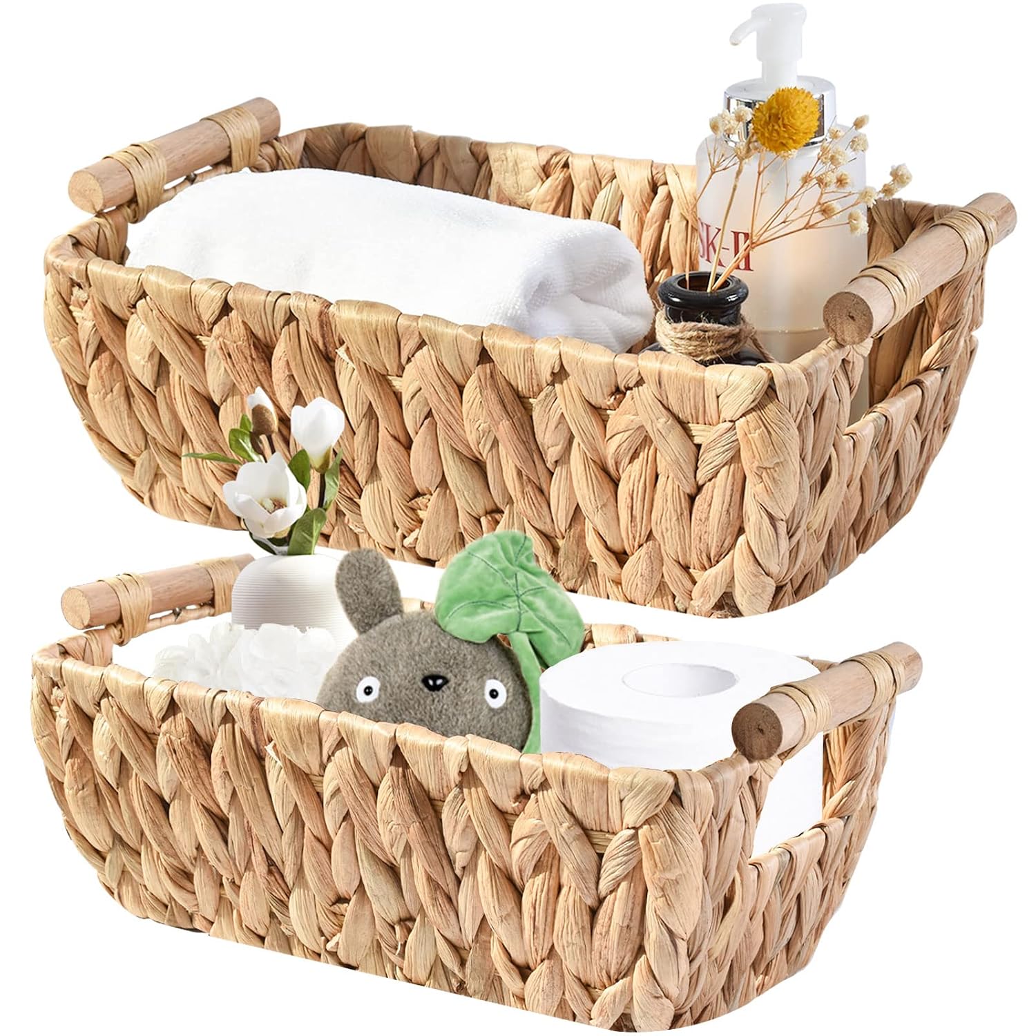 OUTBROS Hand-Woven Storage Baskets with Wooden Handles, Small Wicker ...