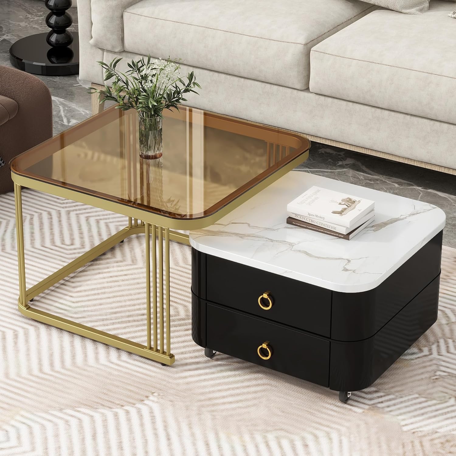Amazon.com: ON-TREND 2-in-1 Square Nesting Coffee Table with Wheels ...