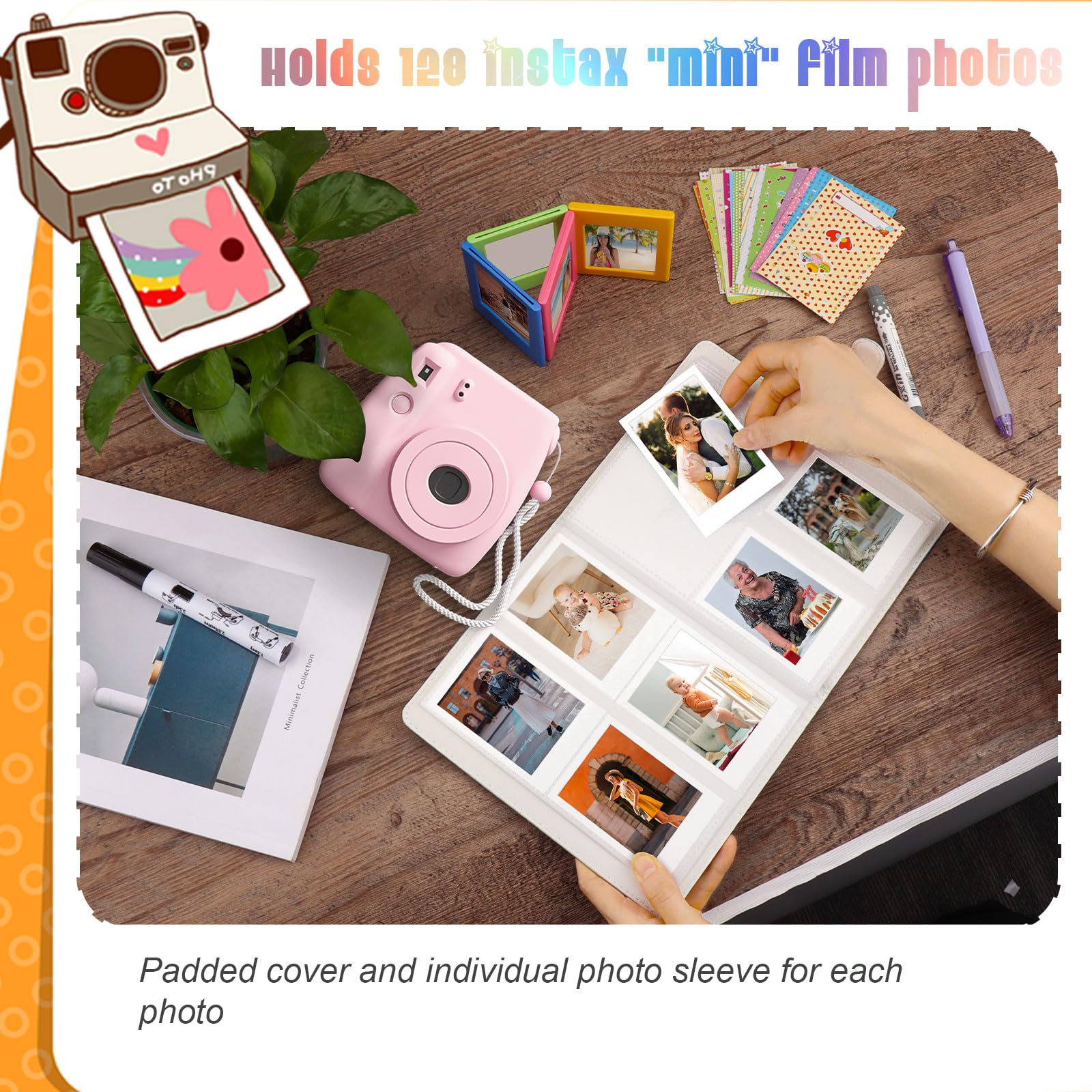 128 Pockets Photo Album & 4 Packs Colorful 3 Inches Photo Magnetic ...