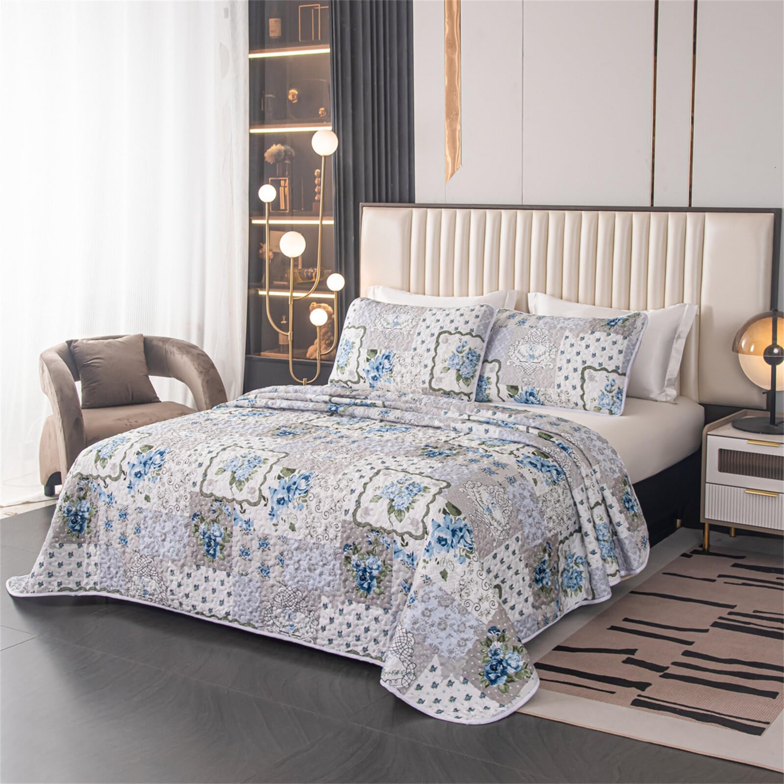 Amazon.com: 3 Pieces Floral Patchwork Queen Quilt Set Light Gray White Quilted Bedspread with ...