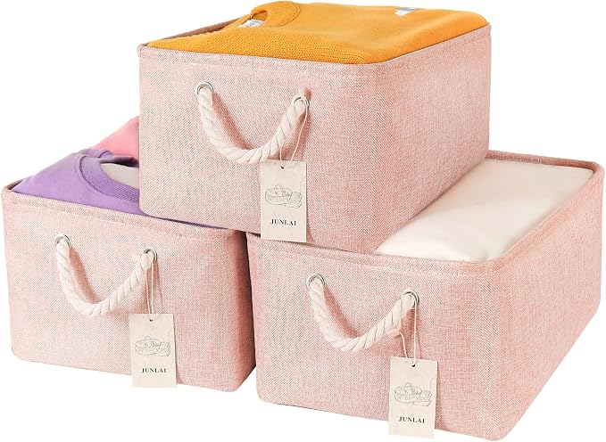 JUNLAI 3 Pcs Storage Baskets with Handles, Foldable Small Pink Storage ...