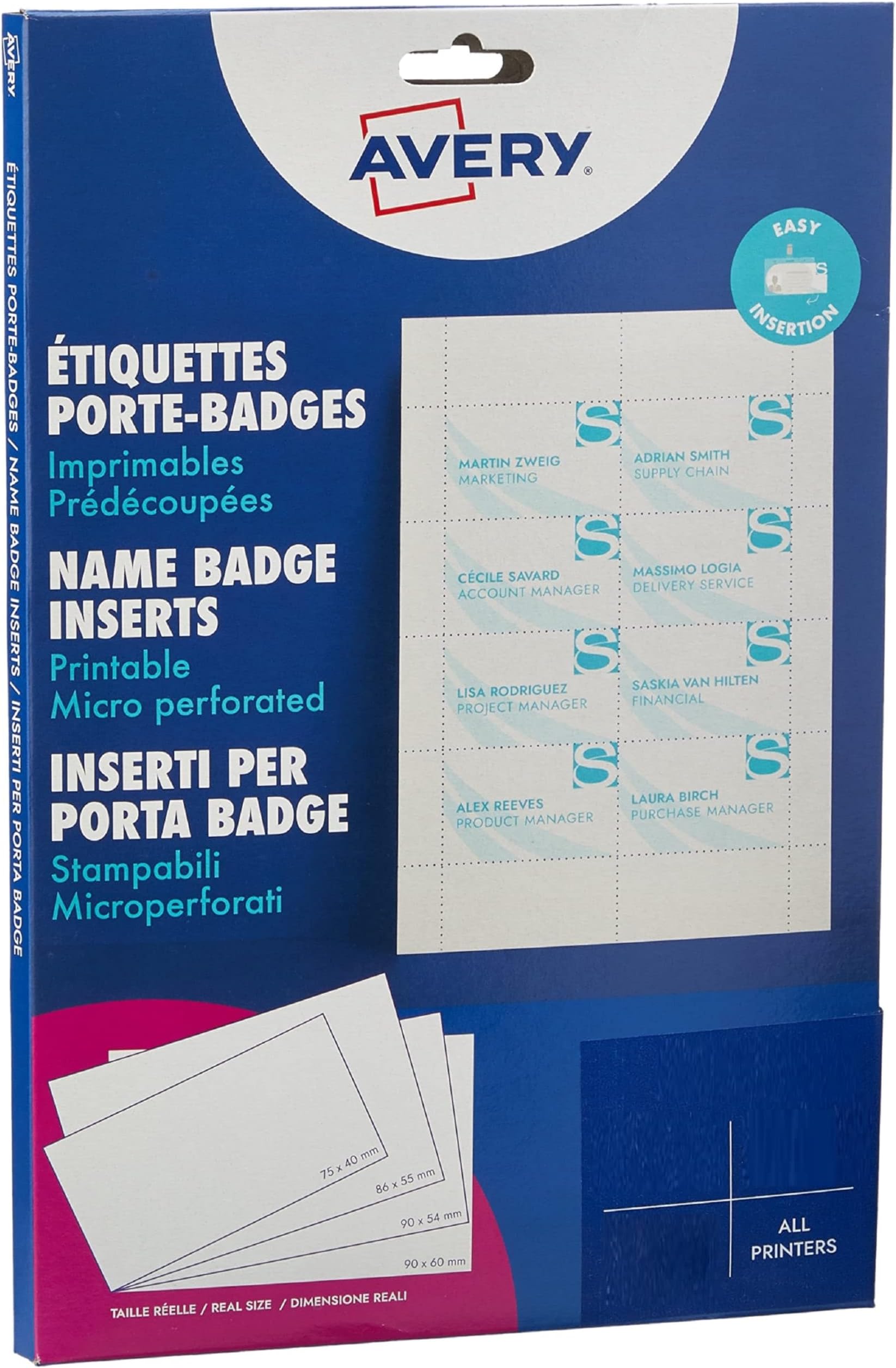 Avery L4728-20 Printable Name Badge Insert Refills (90 x 60 mm Inserts ...