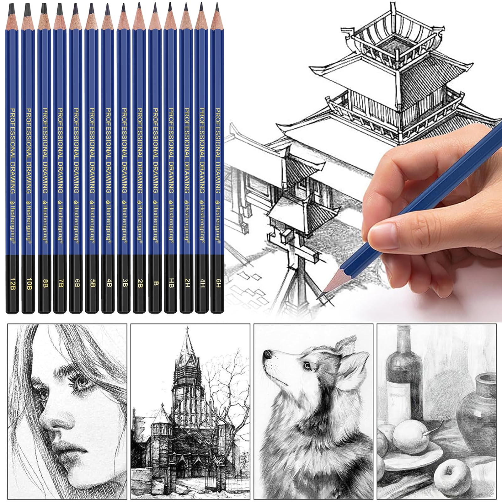 Shading Pencils 14B-4H Lemical Professional Sketch Pencils 12-Piece Set ...