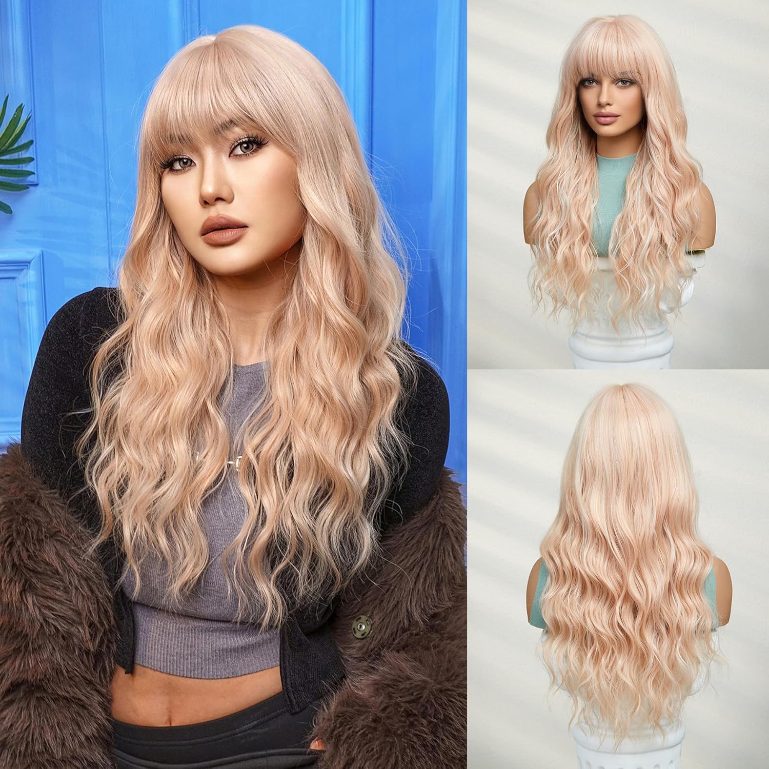 Amazon.com : OMELPIS Long Pink Wavy Wig with Bangs for Women Natural ...