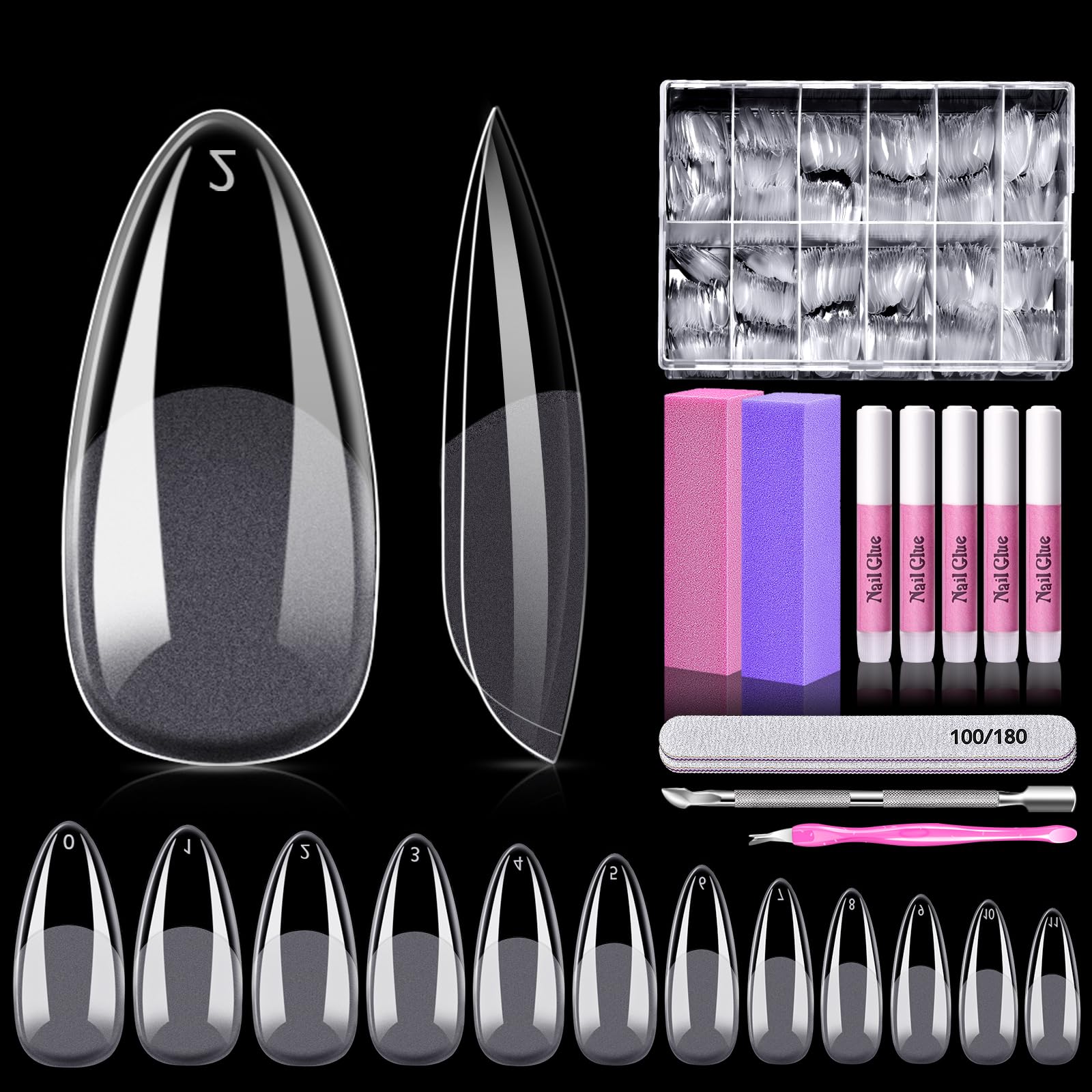 False Nails, MORGLES 600pcs Acrylic Almond Clear Fake Nails with Glue ...