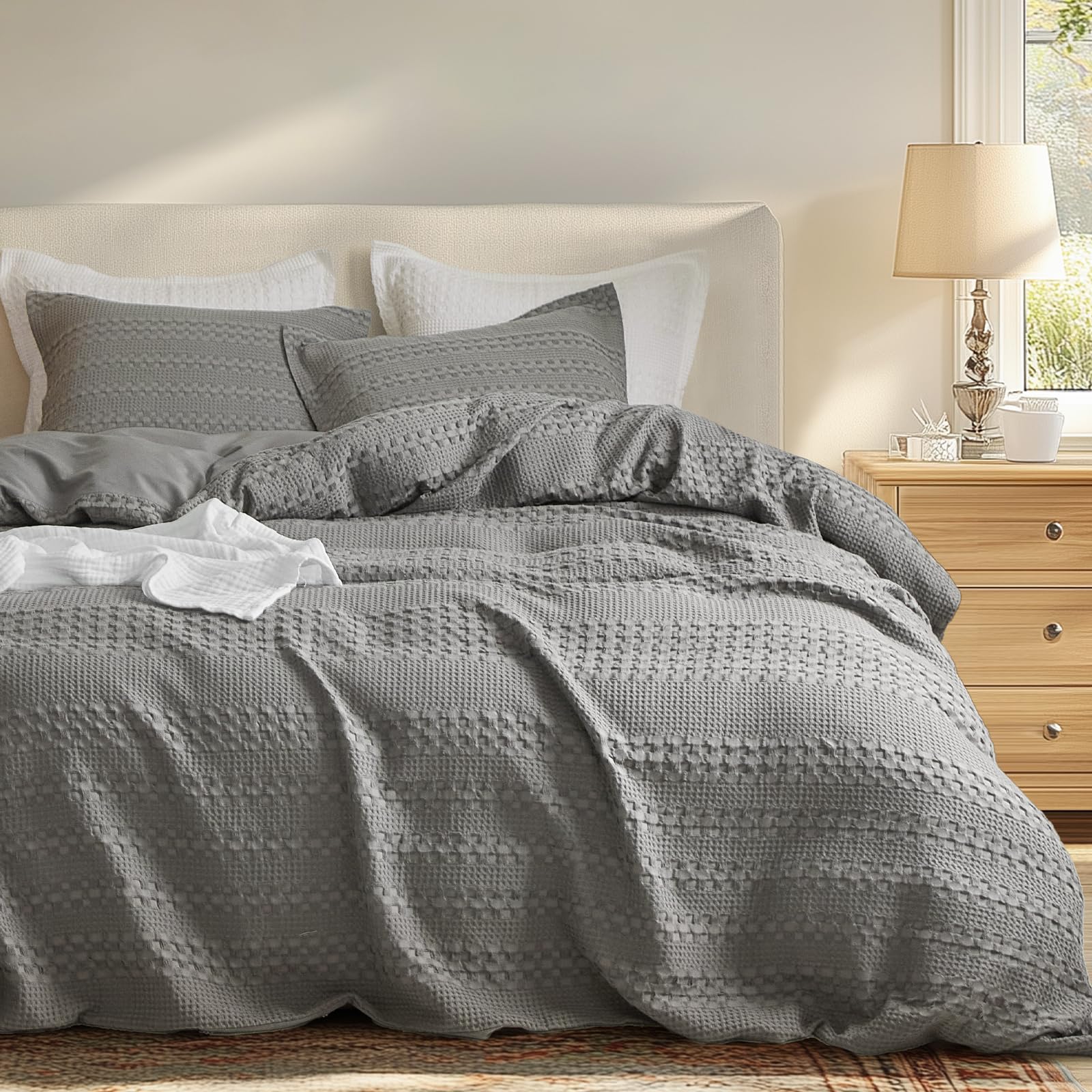 Amazon.com: PHF 100% Cotton Waffle Duvet Cover Queen Size, Soft ...