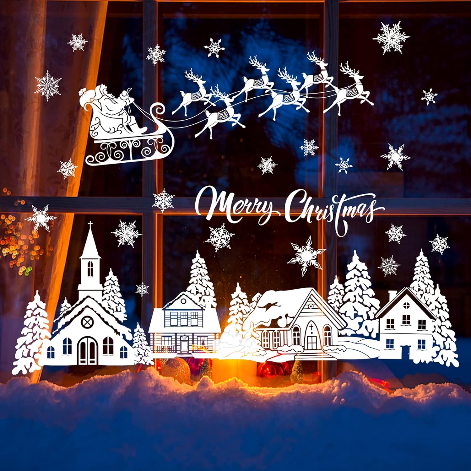 decalmile Christmas Window Clings Double Side Snow House Santa Claus ...