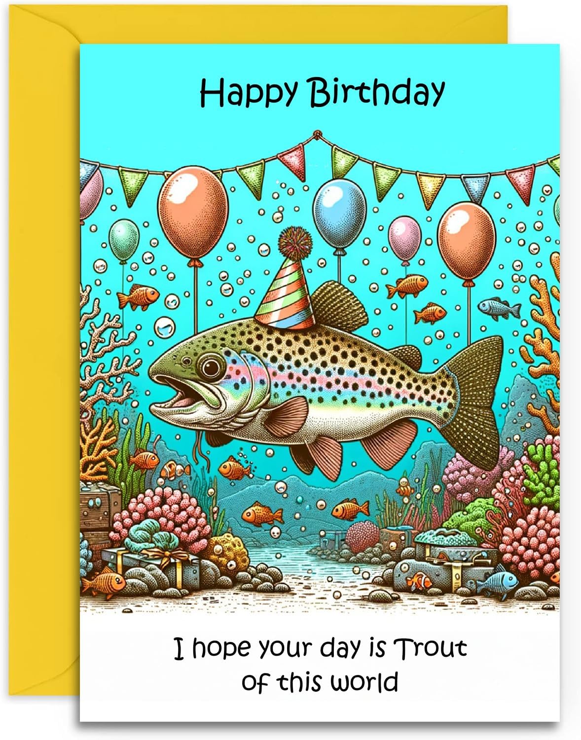 Trout Birthday Card - Funny Fishing Themed Design - A5 Size with Yellow ...