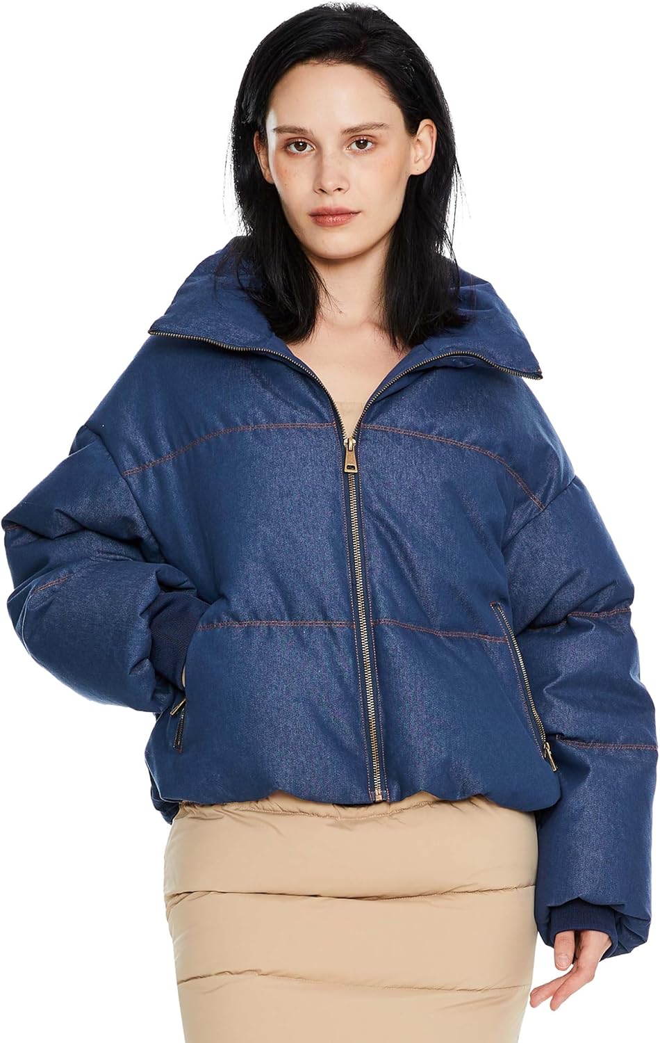 Orolay Women's Denim Puffer Jacket - Stand Collar Down Coat Cropped ...