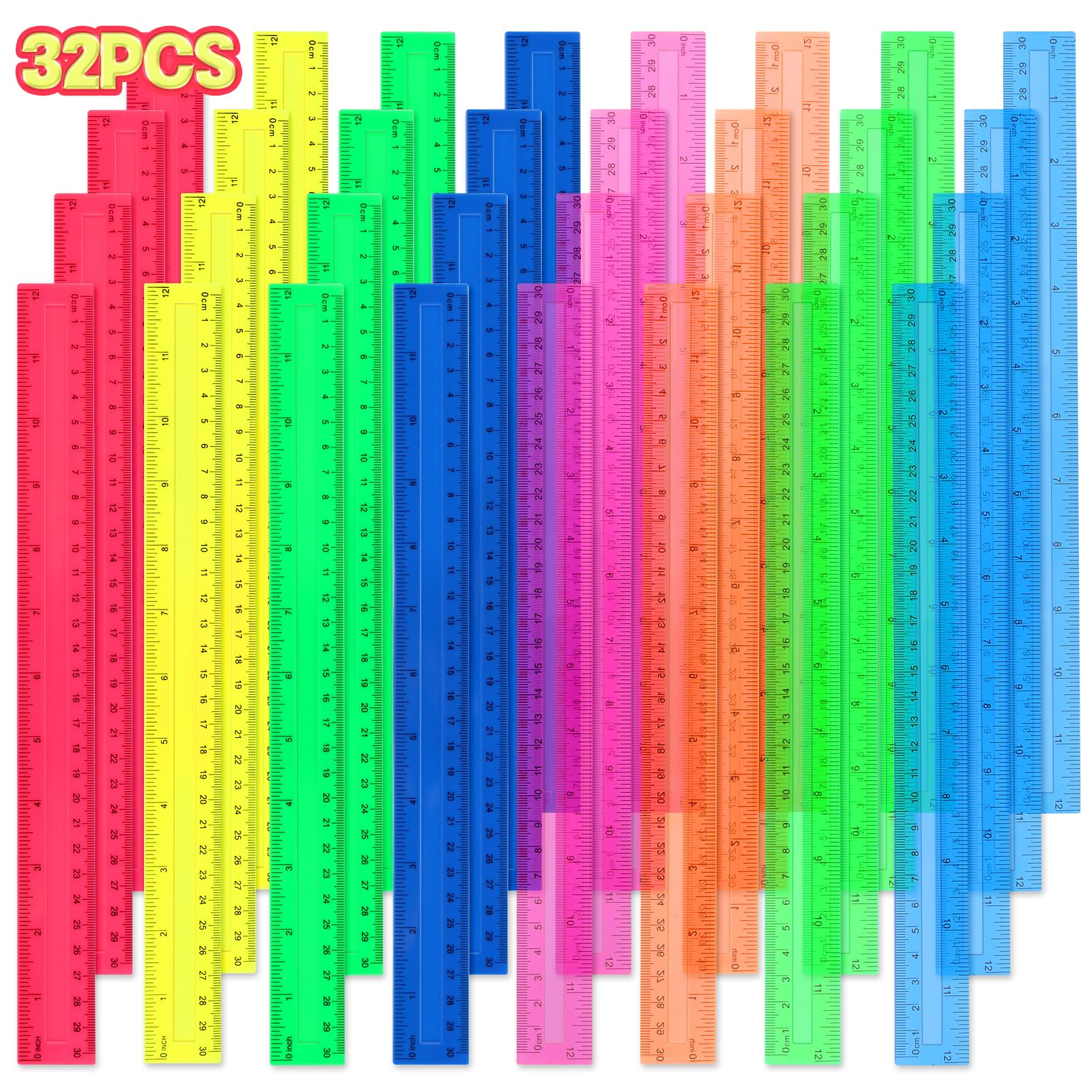 Amazon.com: 12 Inch Plastic Rulers, 32 Pack Assorted Colors Transparent ...