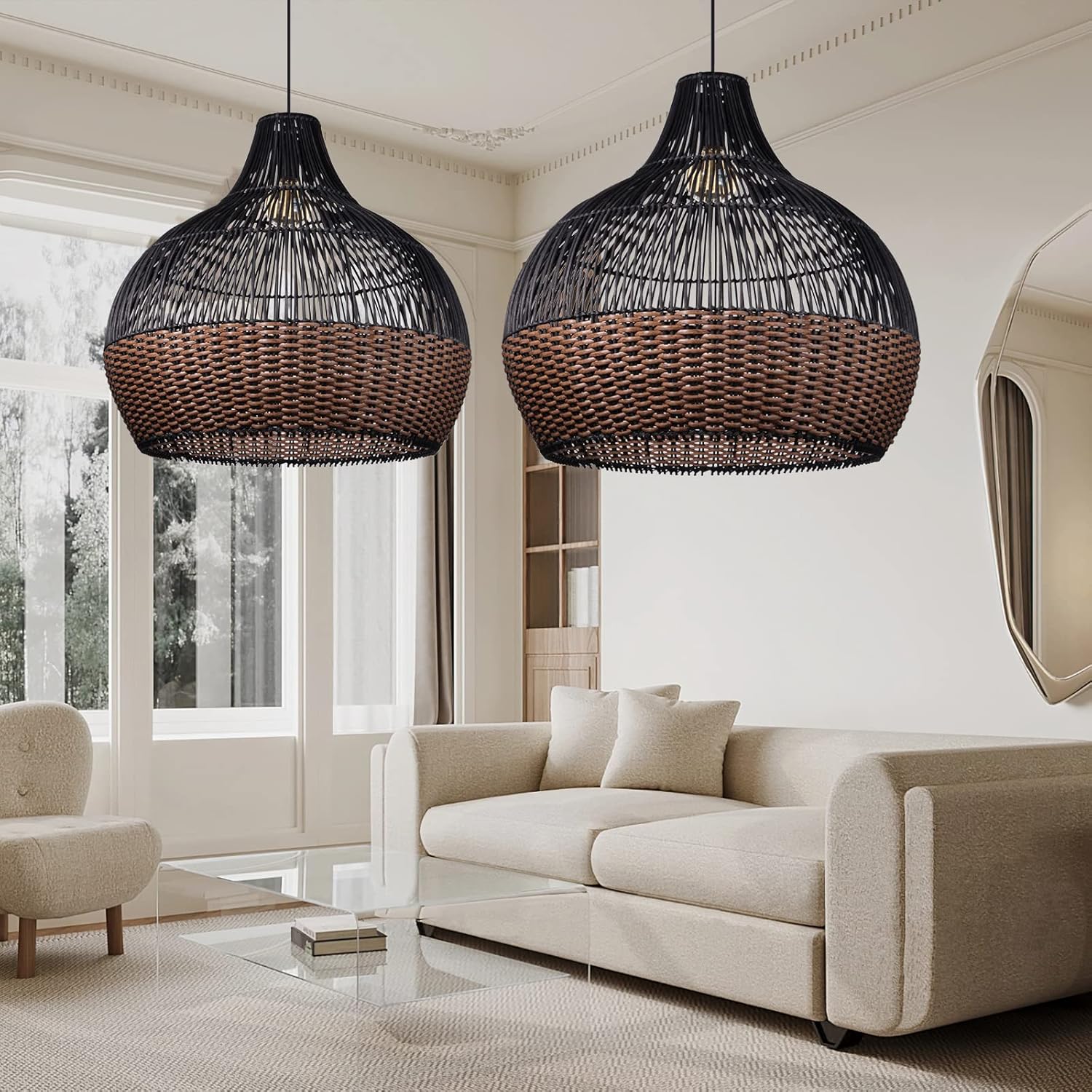 Arturesthome 1 Light Rattan Pendant Light Fixtures,Wicker Boho Black ...