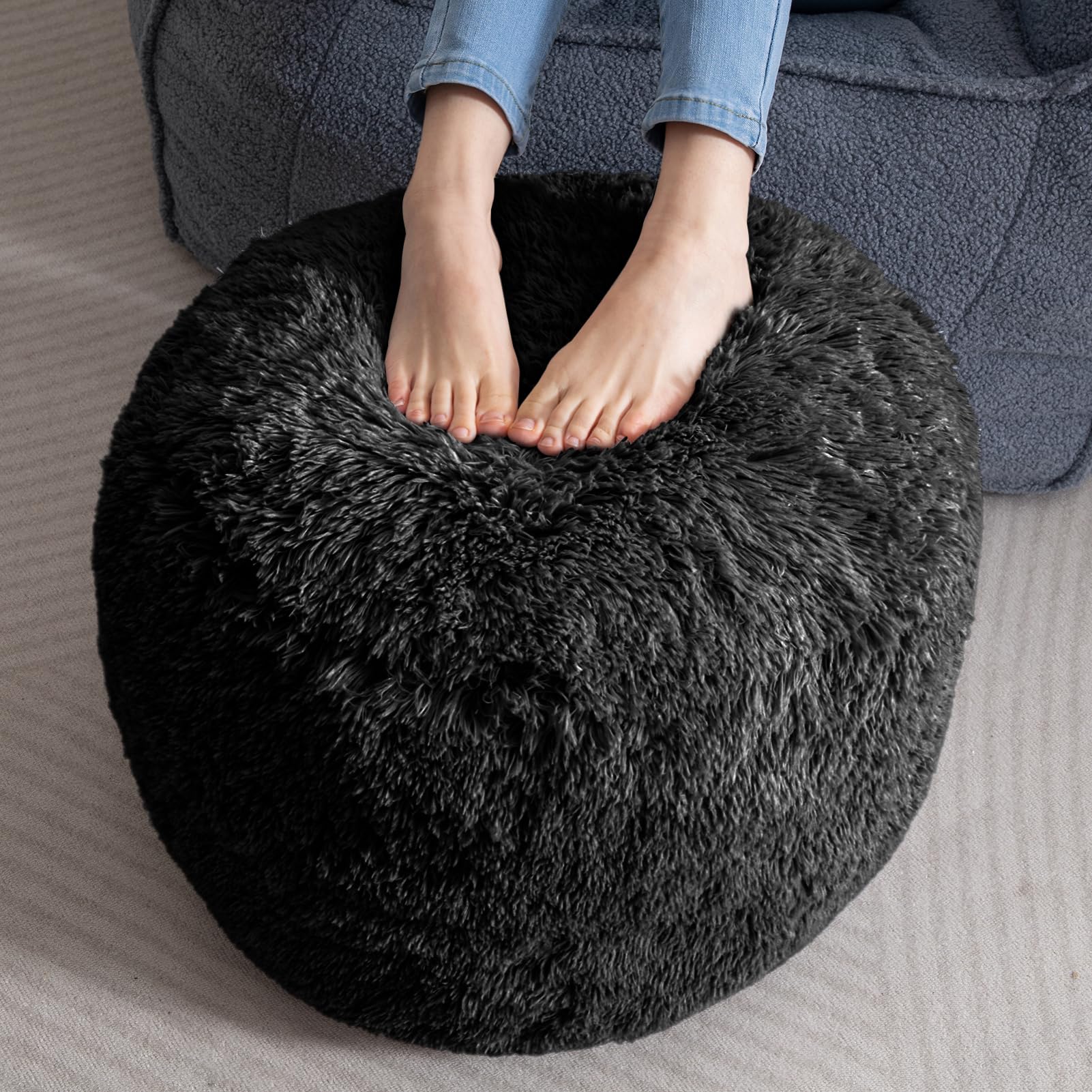 Amazon.com: HIGOGOGO Round Stuffed Pouf Ottoman, Long Faux Fur Poufs ...