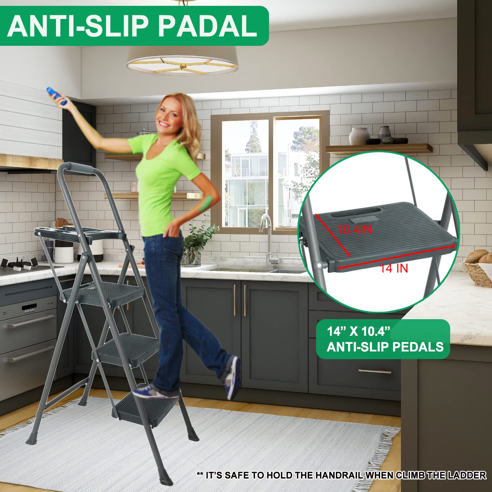 3 Step Ladder with Tray, Folding Step Stool with Wide Non-Slip Pedal ...