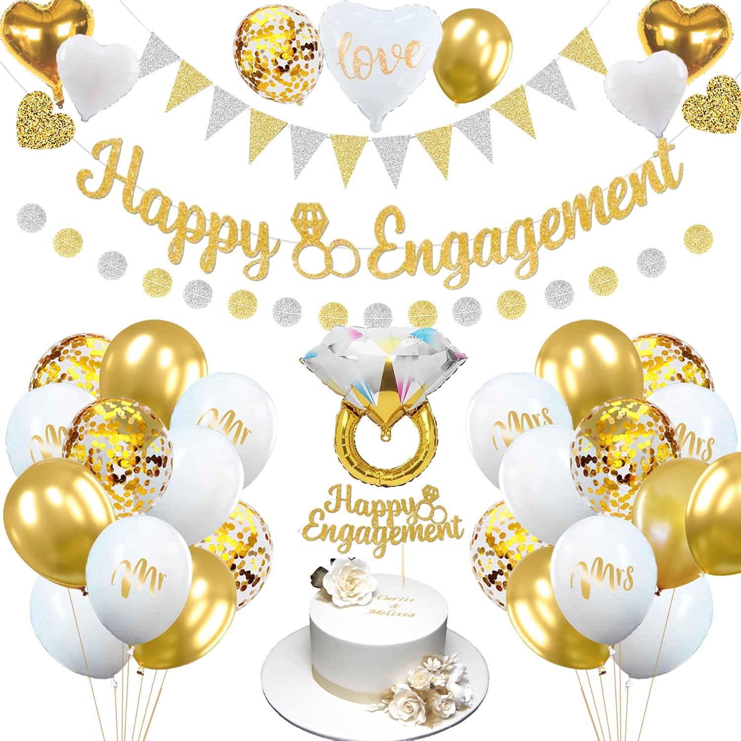 Amazon.com: BANBALLON Engagement Party Decorations Gold and White ...