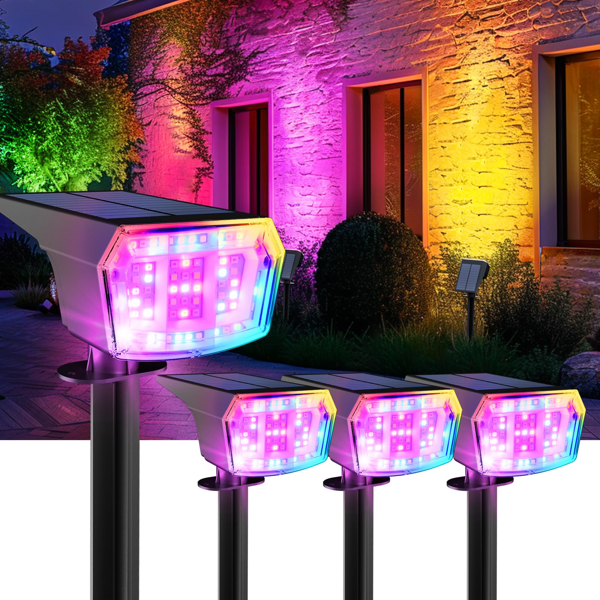 AUDERWIN Solar Spot Lights Outdoor, 9 Lighting Modes RGB, Solar Lights ...