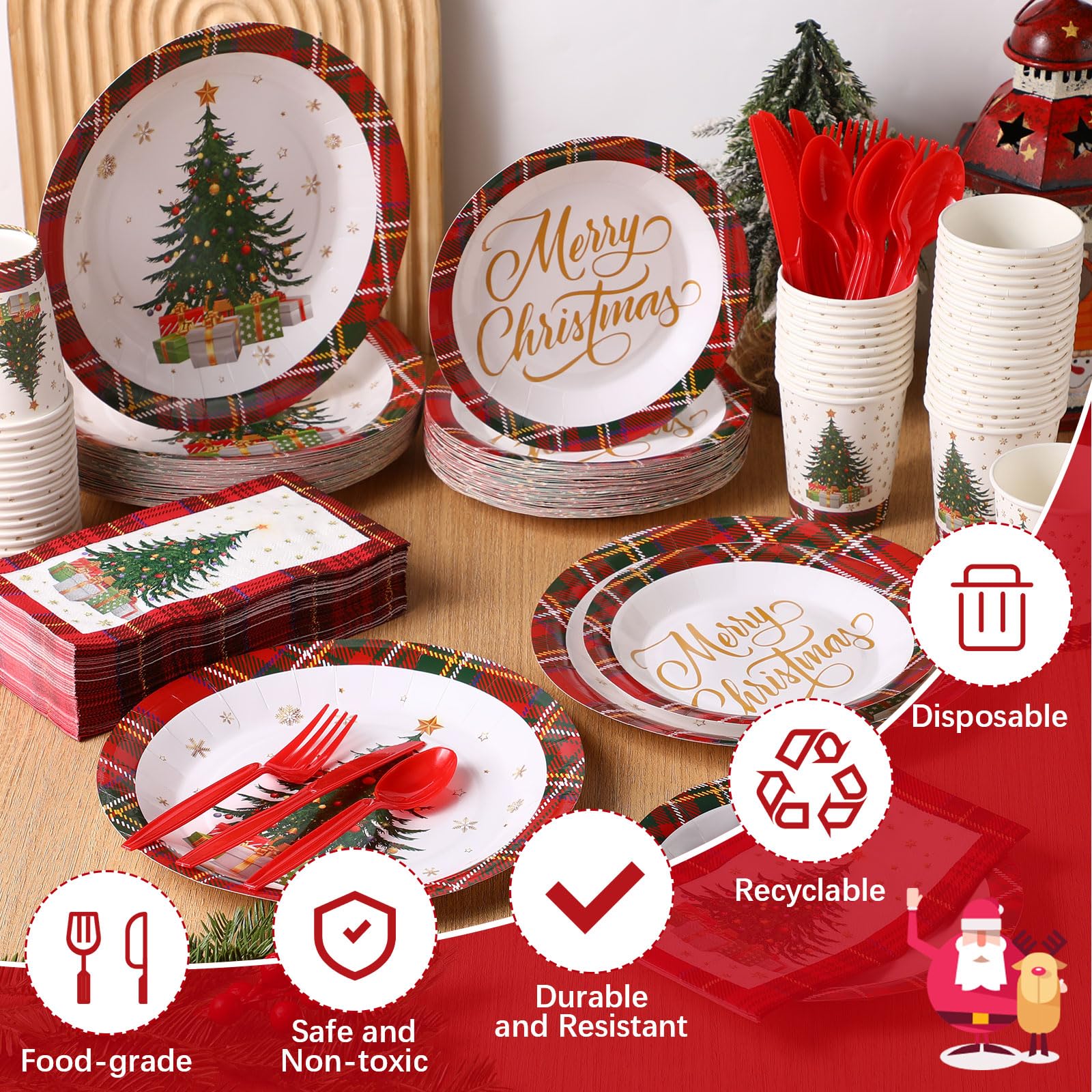 400 Pcs Christmas Disposable Dinnerware Set Serve 50 Red Buffalo Plaid ...