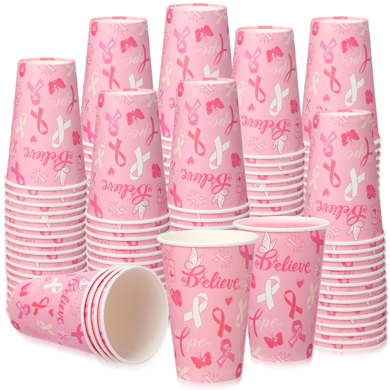 200 Pieces 12 oz Breast Cancer Awareness Paper Cups Bulk Pink Ribbon ...