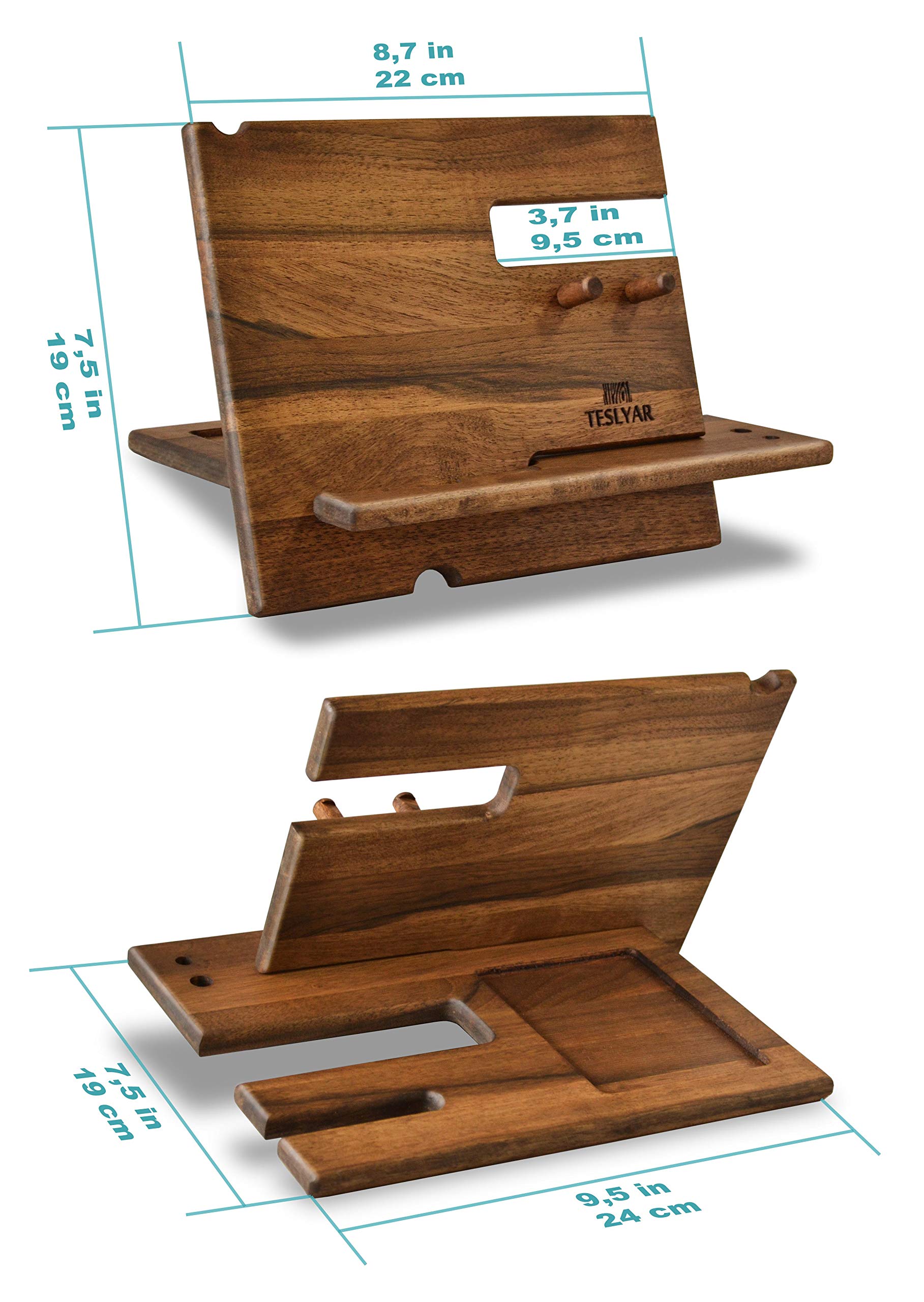 Natural Walnut Wood Phone Docking Station Key Hooks Holder Wallet Stand ...