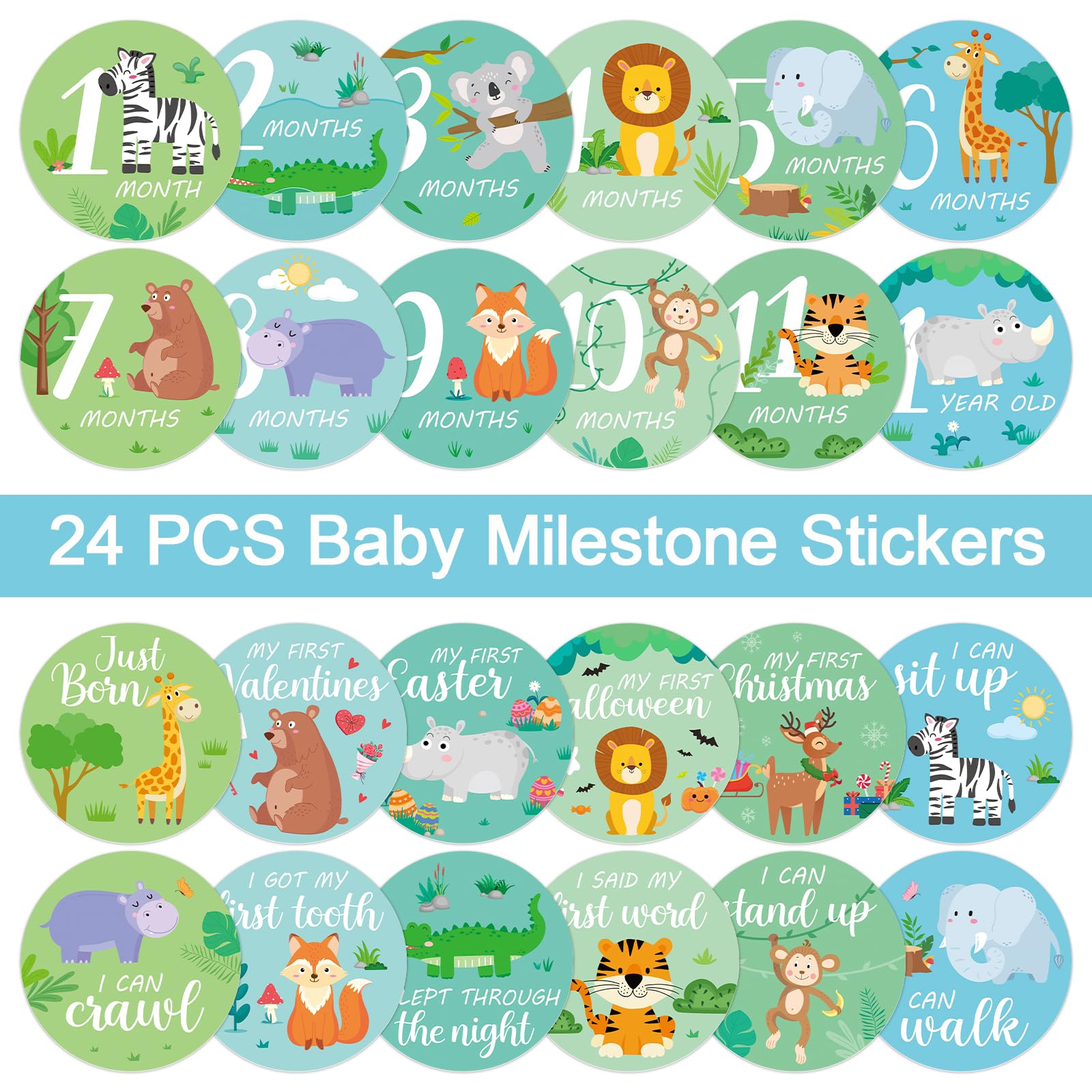 Snapklik.com : Yoklili 24 Newborn Monthly Milestone Stickers - Jungle ...
