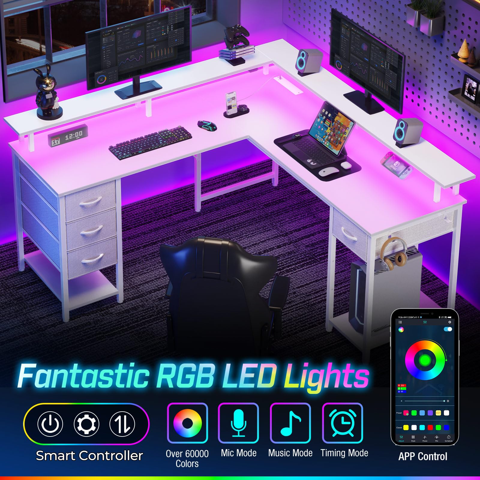 Seventable Computer Desk with 4 Drawers, 56.3" Reversible L Shaped Desk ...