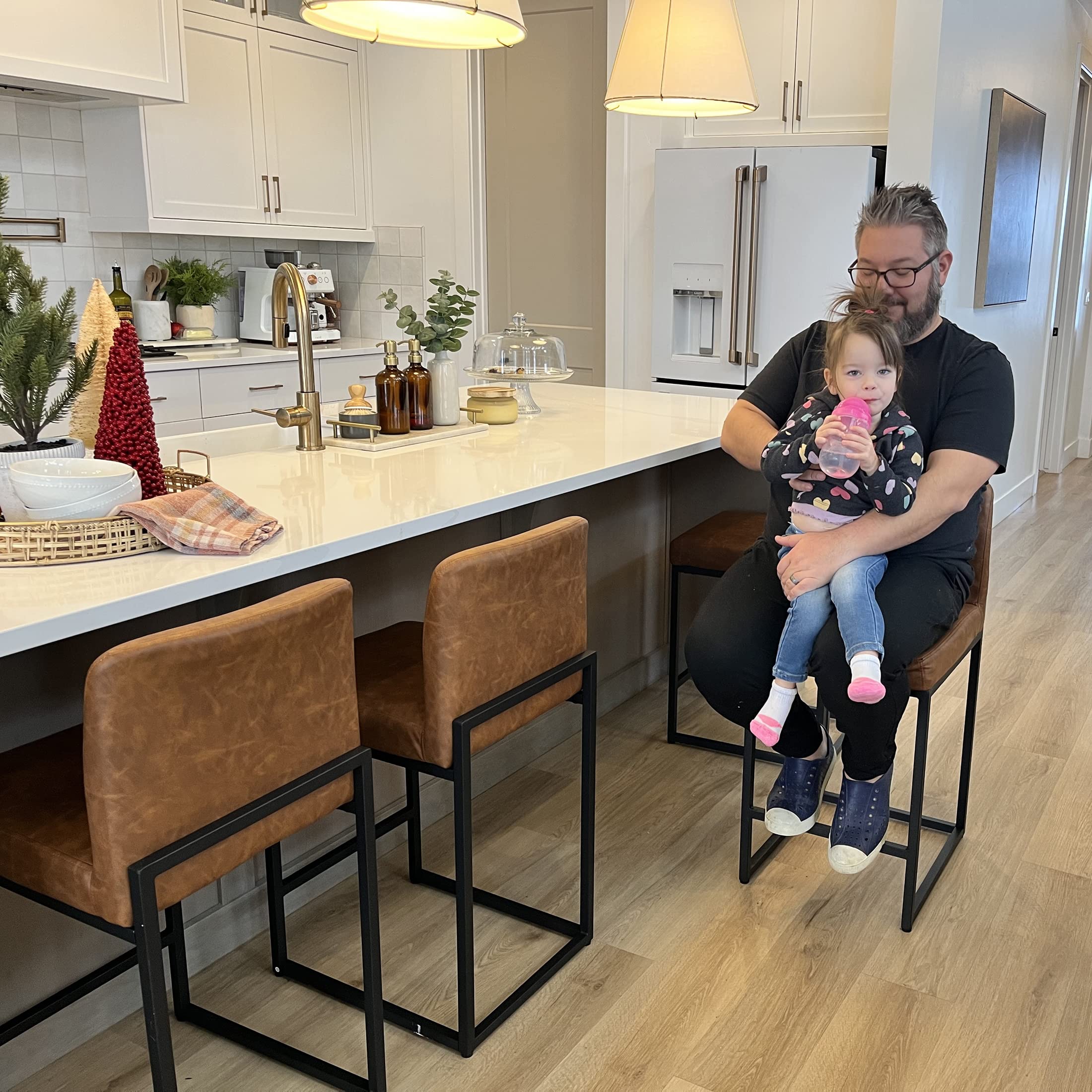 ALPHA HOME 24” Bar Stools Set of 2 Counter Height Bar Stool Pu Leather Kitchen Modern Bar Stools ...