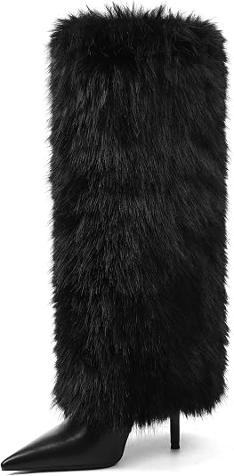 Amazon.com | Kalstage Fur Boots for Women Sexy Stiletto Heels Fuzzy ...