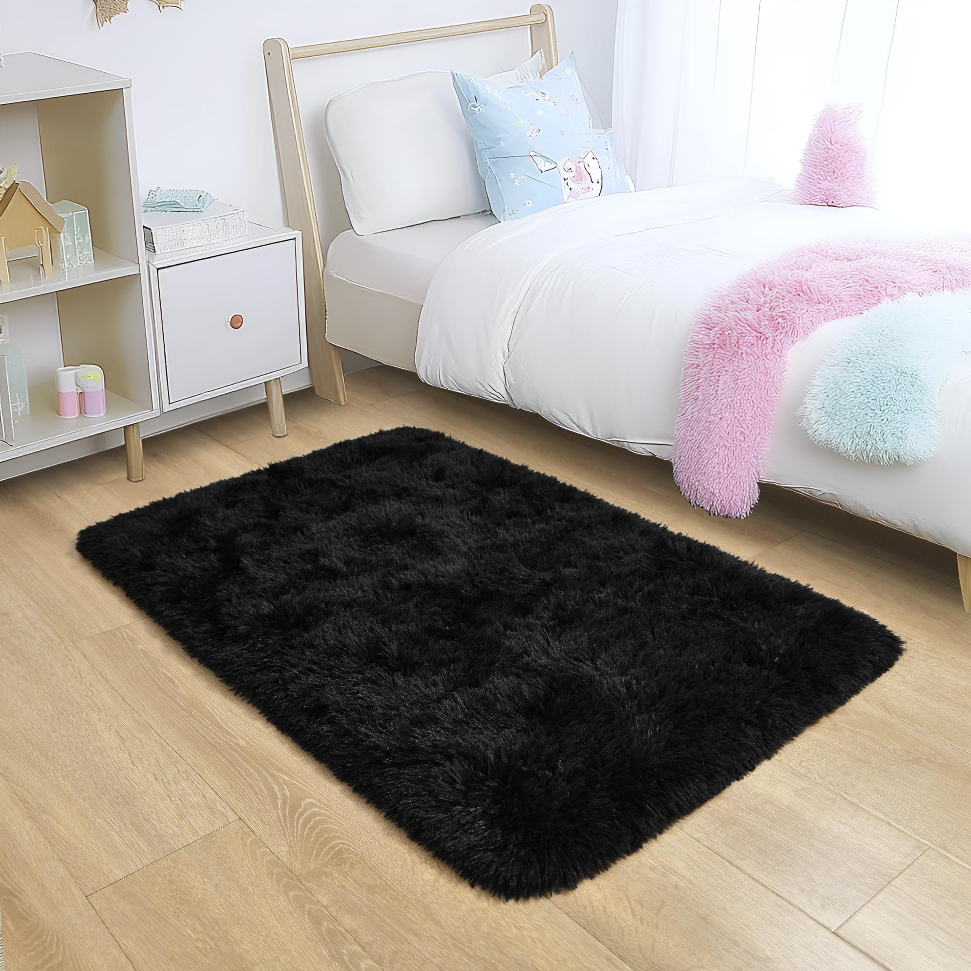Amazon.com: junovo Black Rug for Bedroom Kids Room, Small Fluffy Area ...
