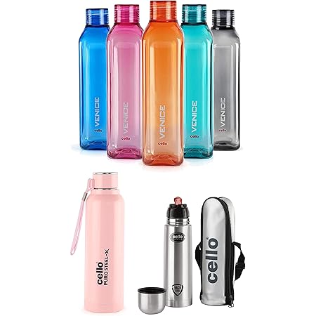 Cello Flip Style Bottle, 500ml, Silver&Cello Venice Plastic Bottle Set ...