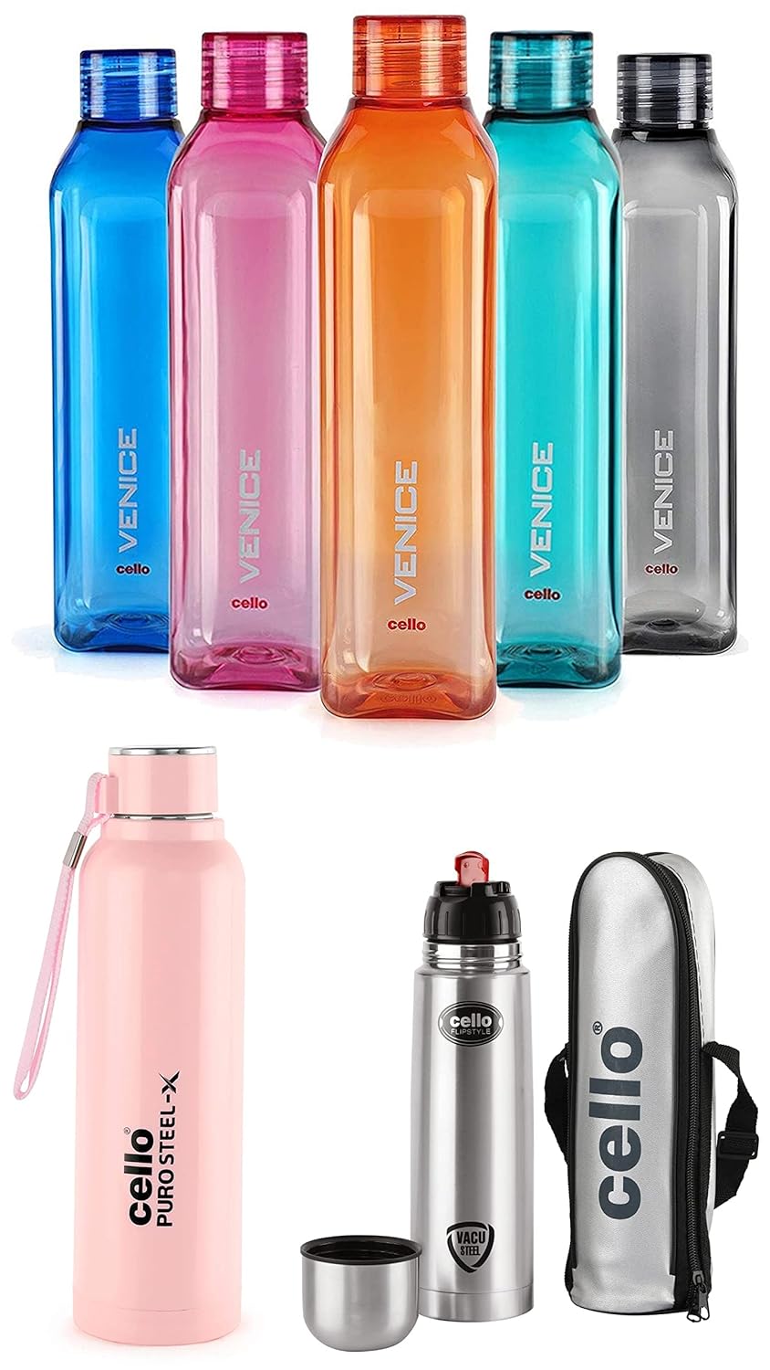 Cello Flip Style Bottle, 500ml, Silver&Cello Venice Plastic Bottle Set ...