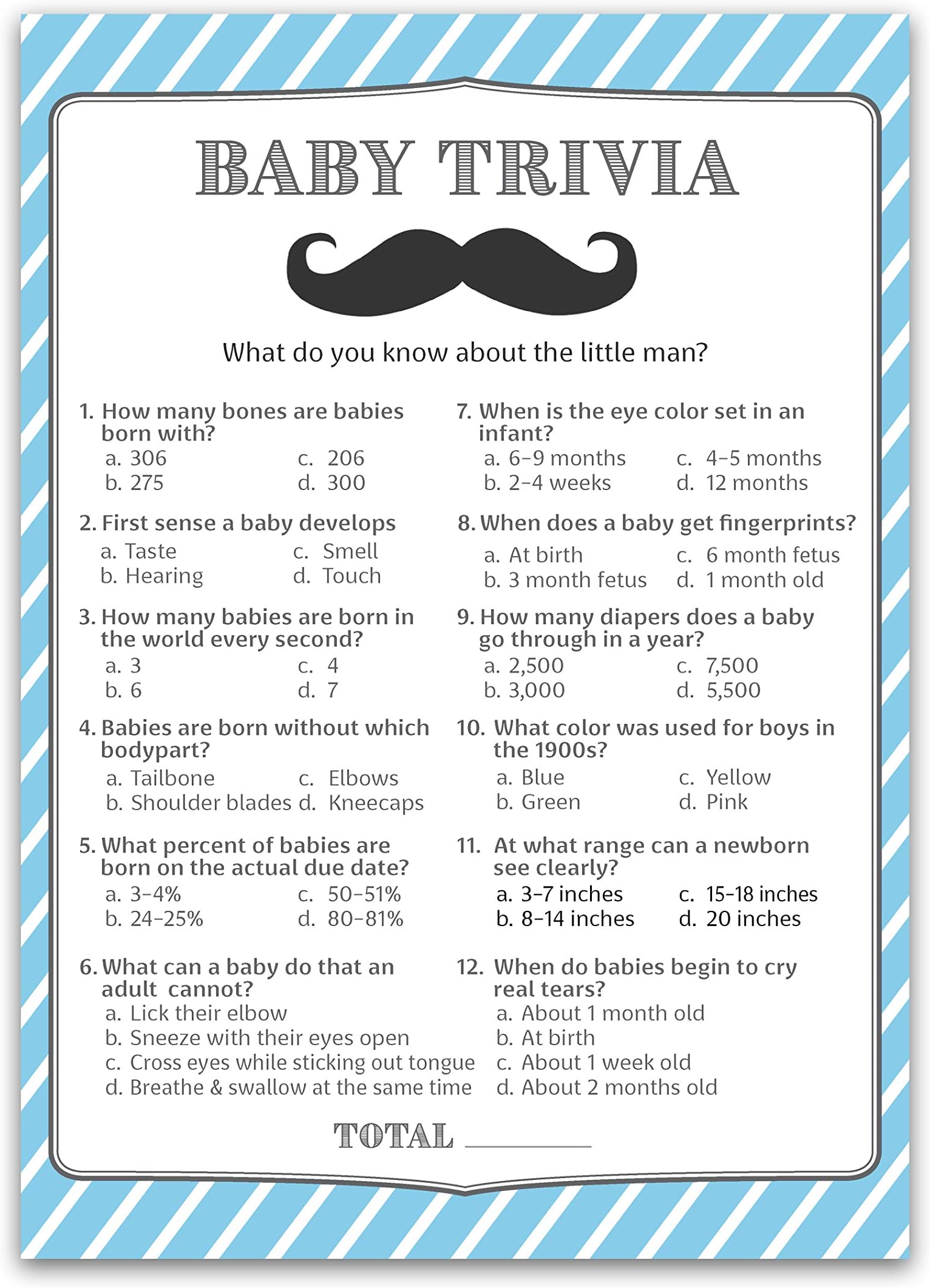 Amazon.com: MUSTACHE Baby Shower Game — BABY TRIVIA Games — Pack of 25 ...