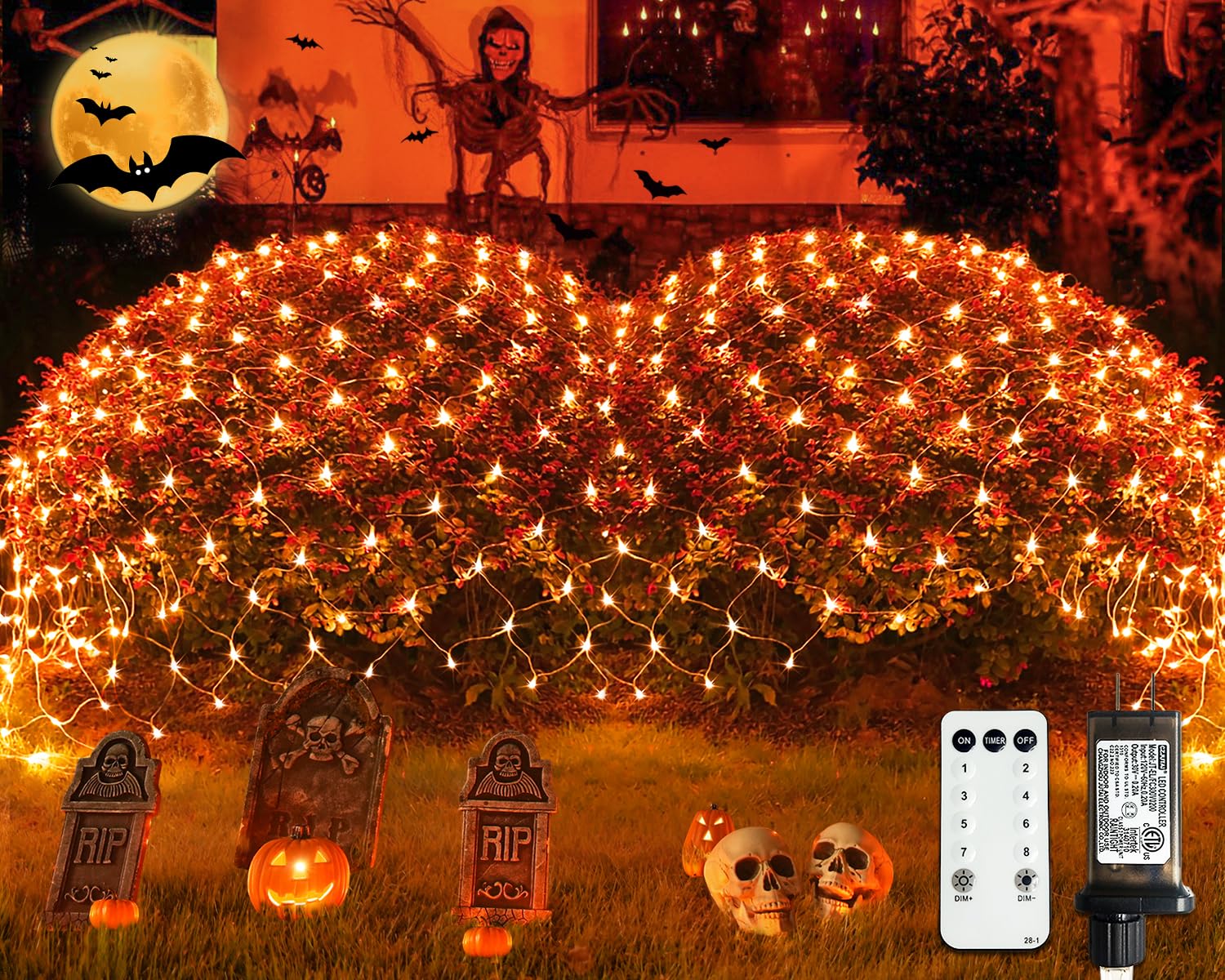 JMEXSUSS Orange Halloween Net Lights 360 LED 12ft x 5ft Bush Lights ...