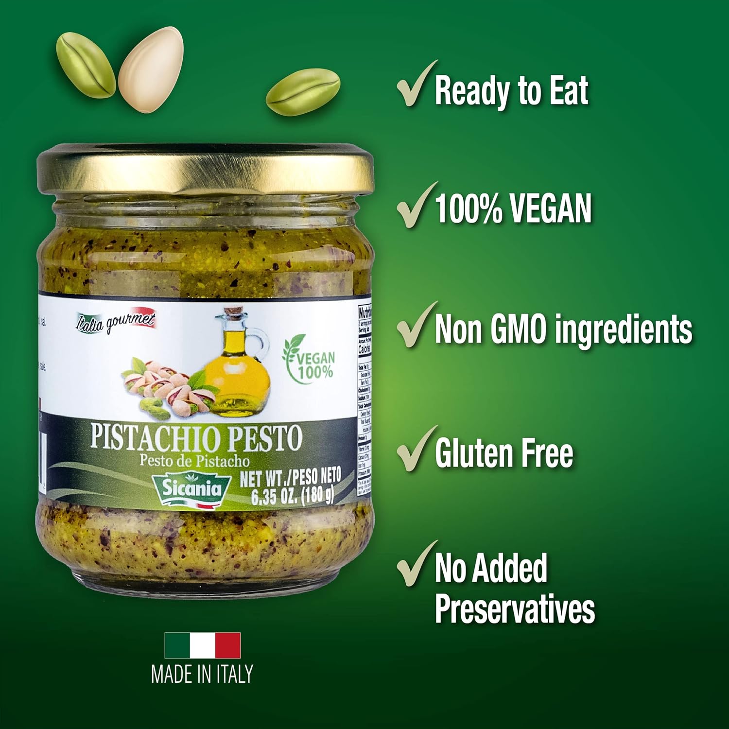 SICANIA Salsa de pesto de pistacho – 100% italiana, saludable, vegana ...