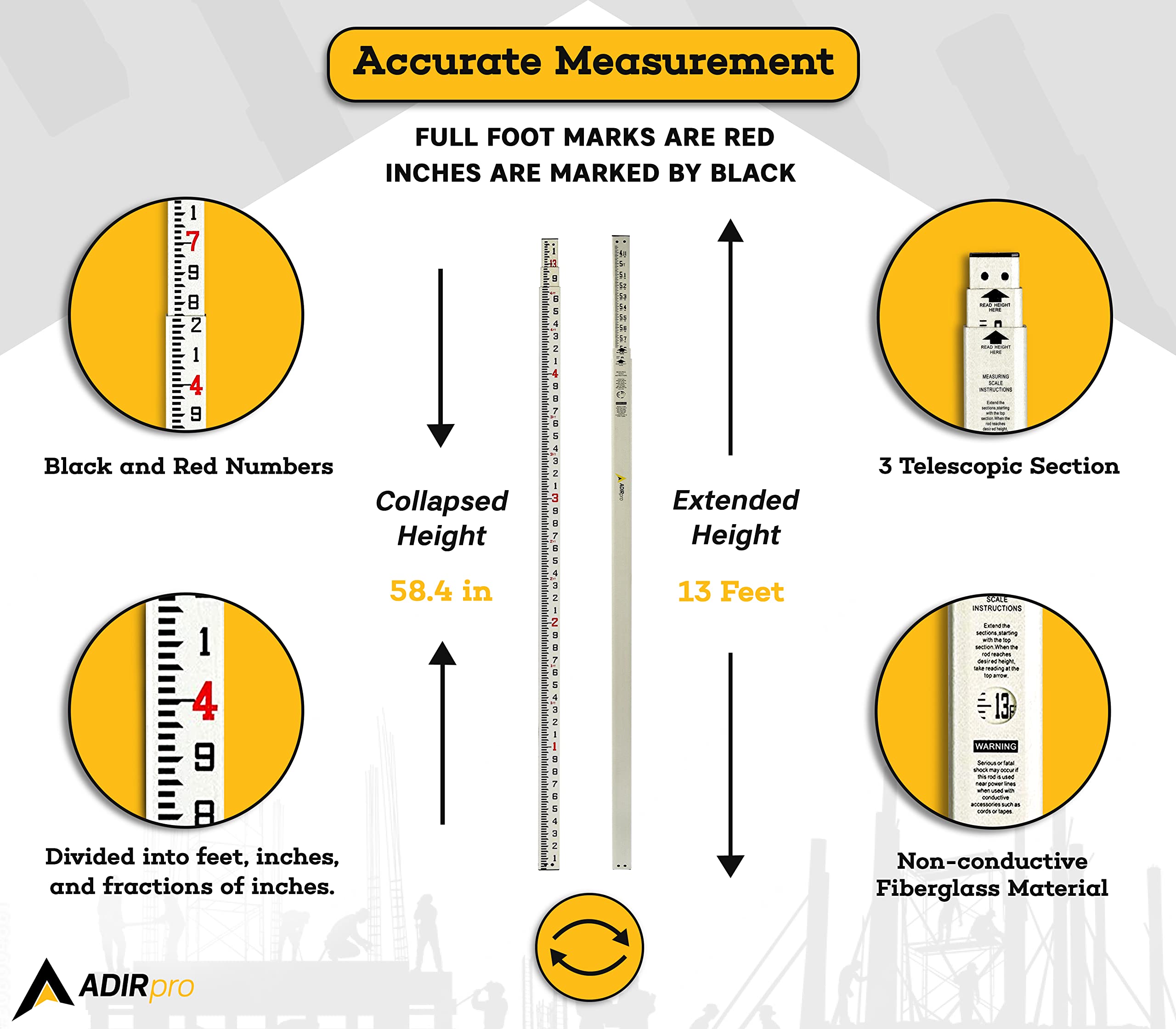 Snapklik.com : AdirPro 13-foot Fiberglass Rectangular Leveling Rods ...