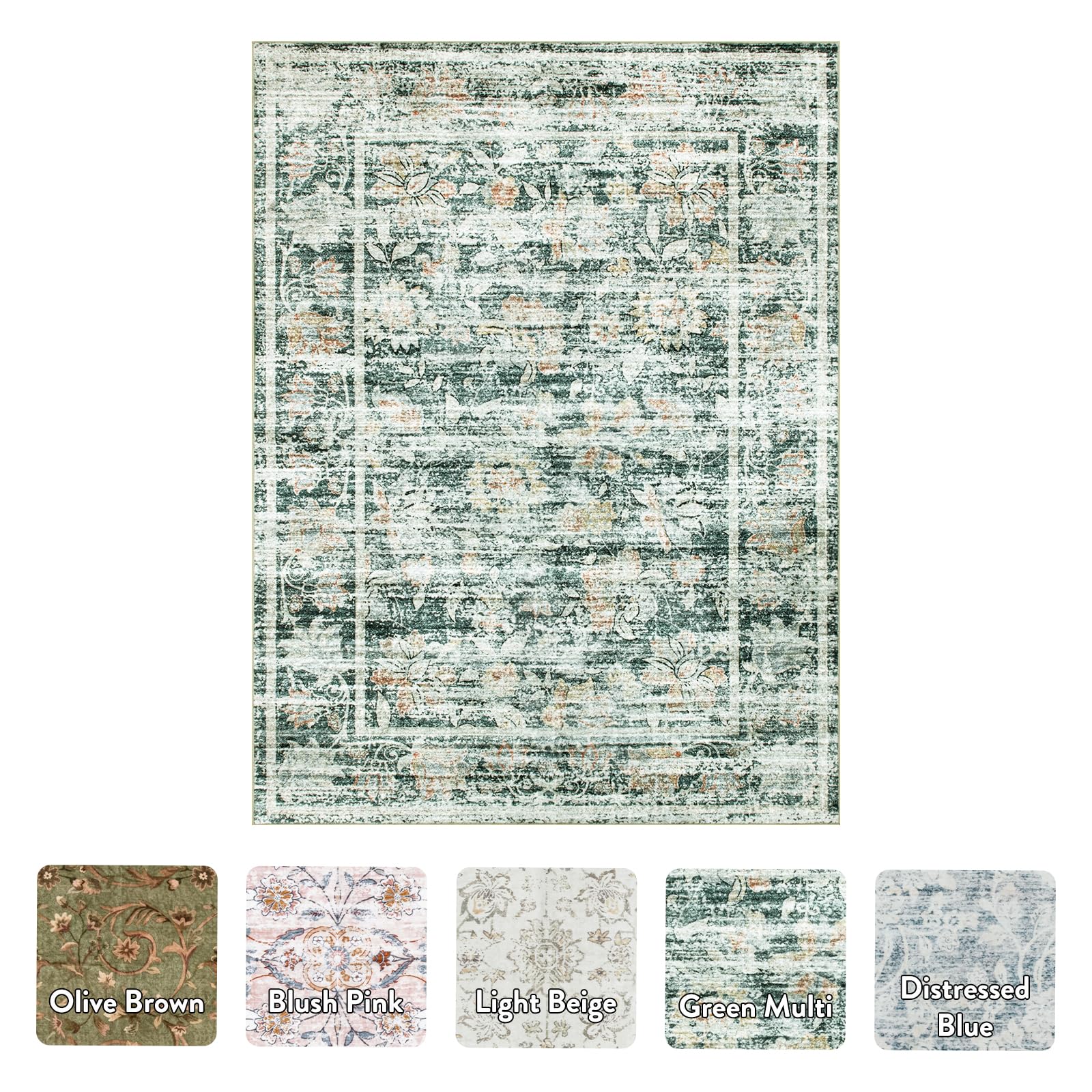 LIVEBOX Washable Rugs 9 x 12 for Living Room, Non-Slip Green Floral Rug ...