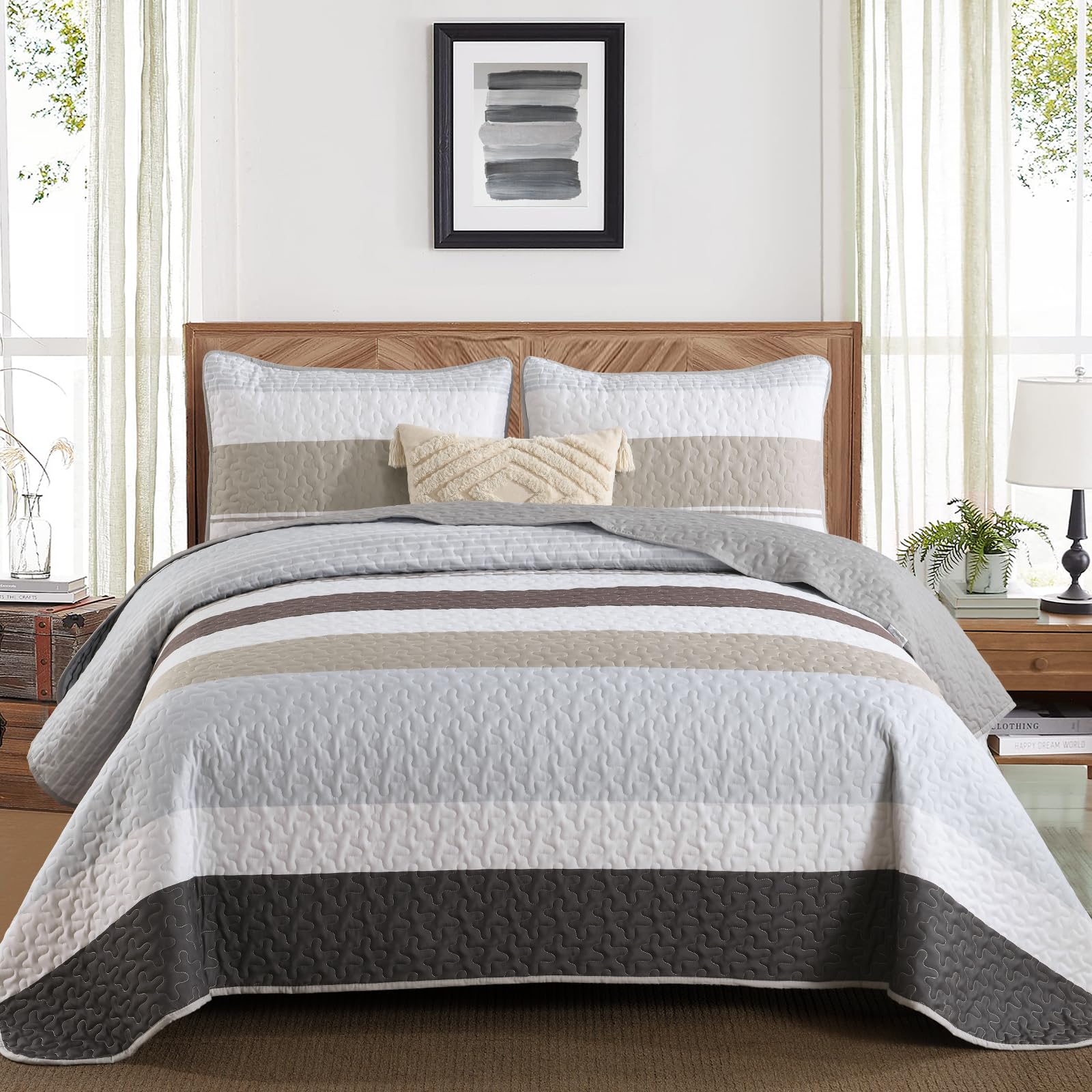 Amazon.com: Dinjoy Boho Striped Quilt California King Quilt Sets,Grey ...