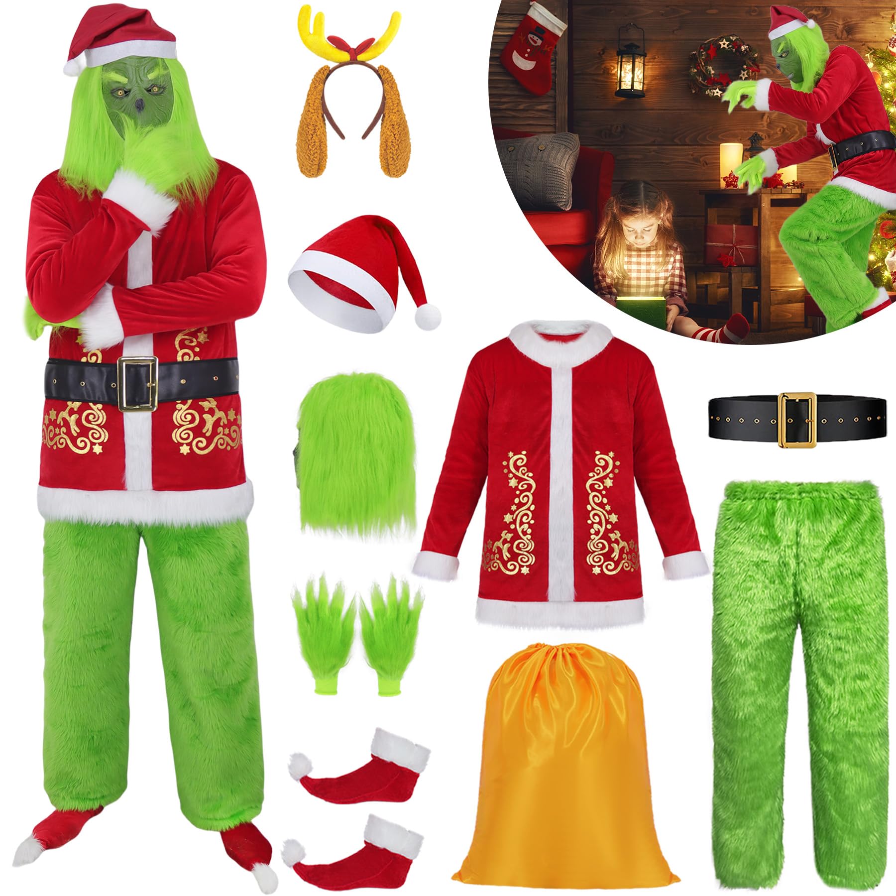 Buy FOVER Grinch Costume 9-Piece Green Large Monster Costume for Adults ...