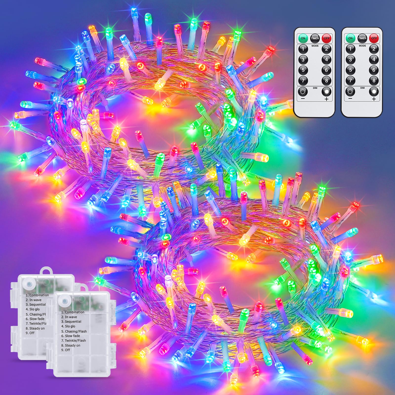 POTIVE 2 Pack Battery Operated Christmas Lights, Each 33ft 100 LED ...
