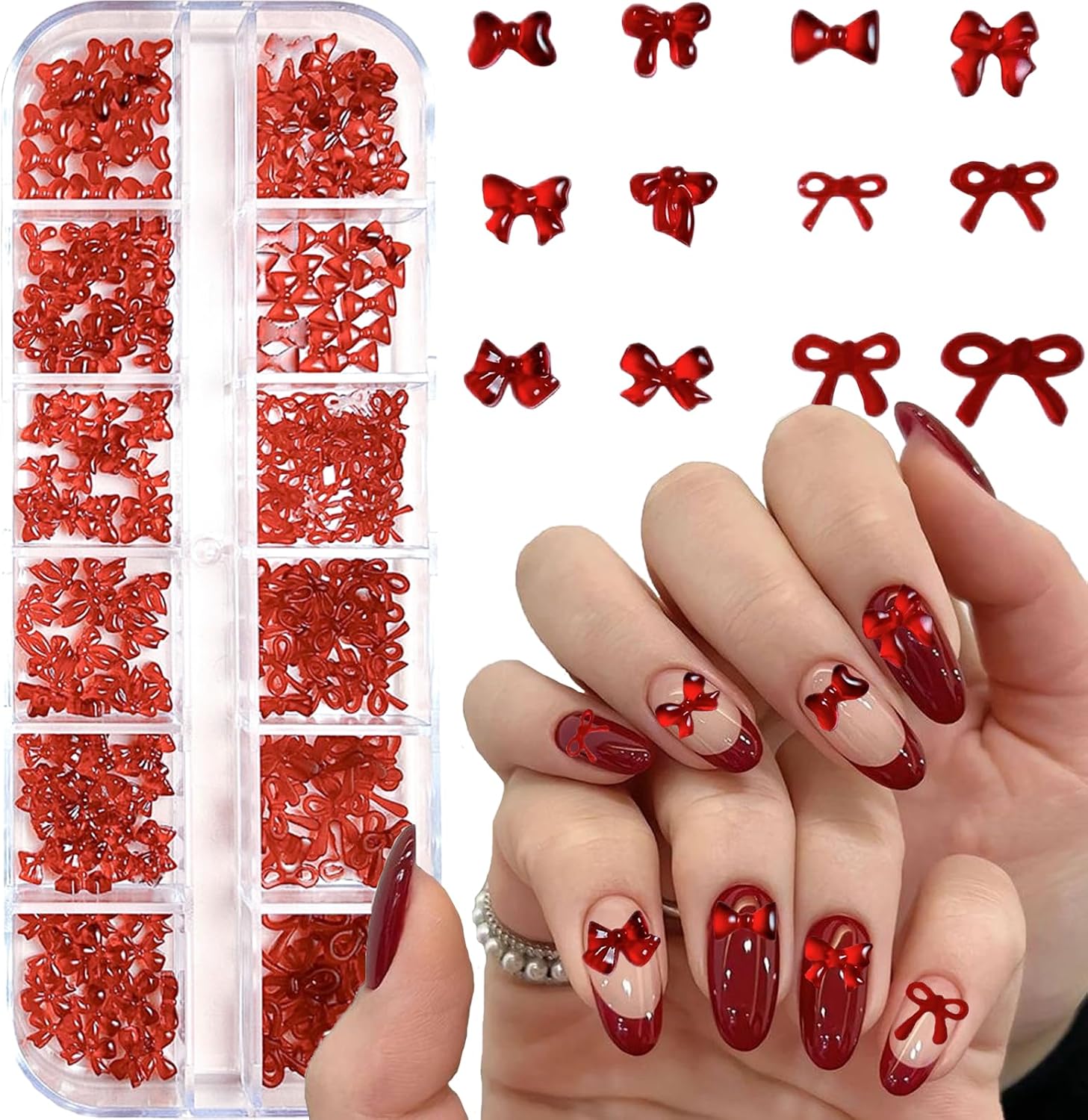Amazon.com: 12Grid Bow Nail Charms 3D Red Bowknot Nail Art Rhinestone ...