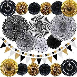 LRCXL Party Decorations, 21Pcs Black and Gold Hanging Paper Fans, Pom ...