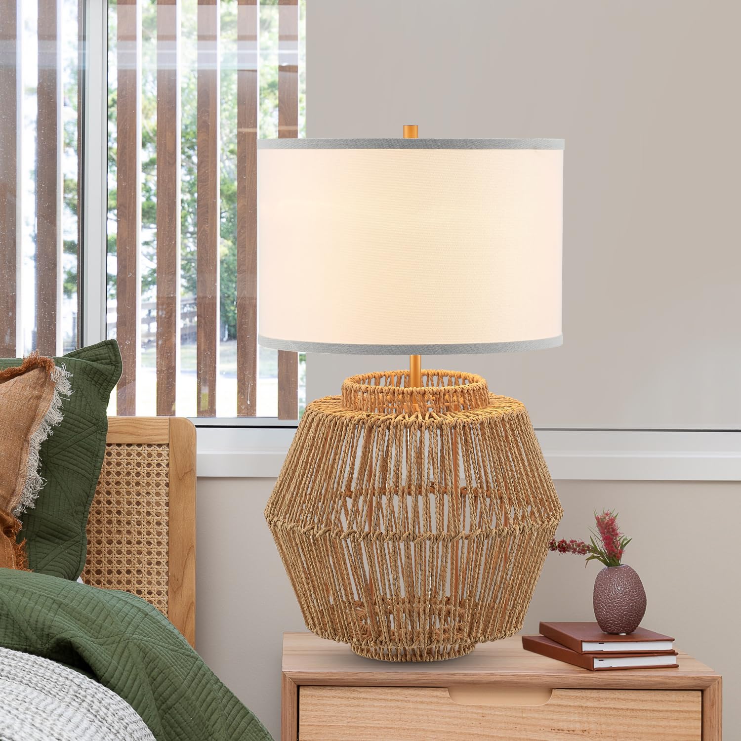 VILUXY Woven Rattan Table Lamps 2 Packs Plug-in Boho White Fabric Shade ...