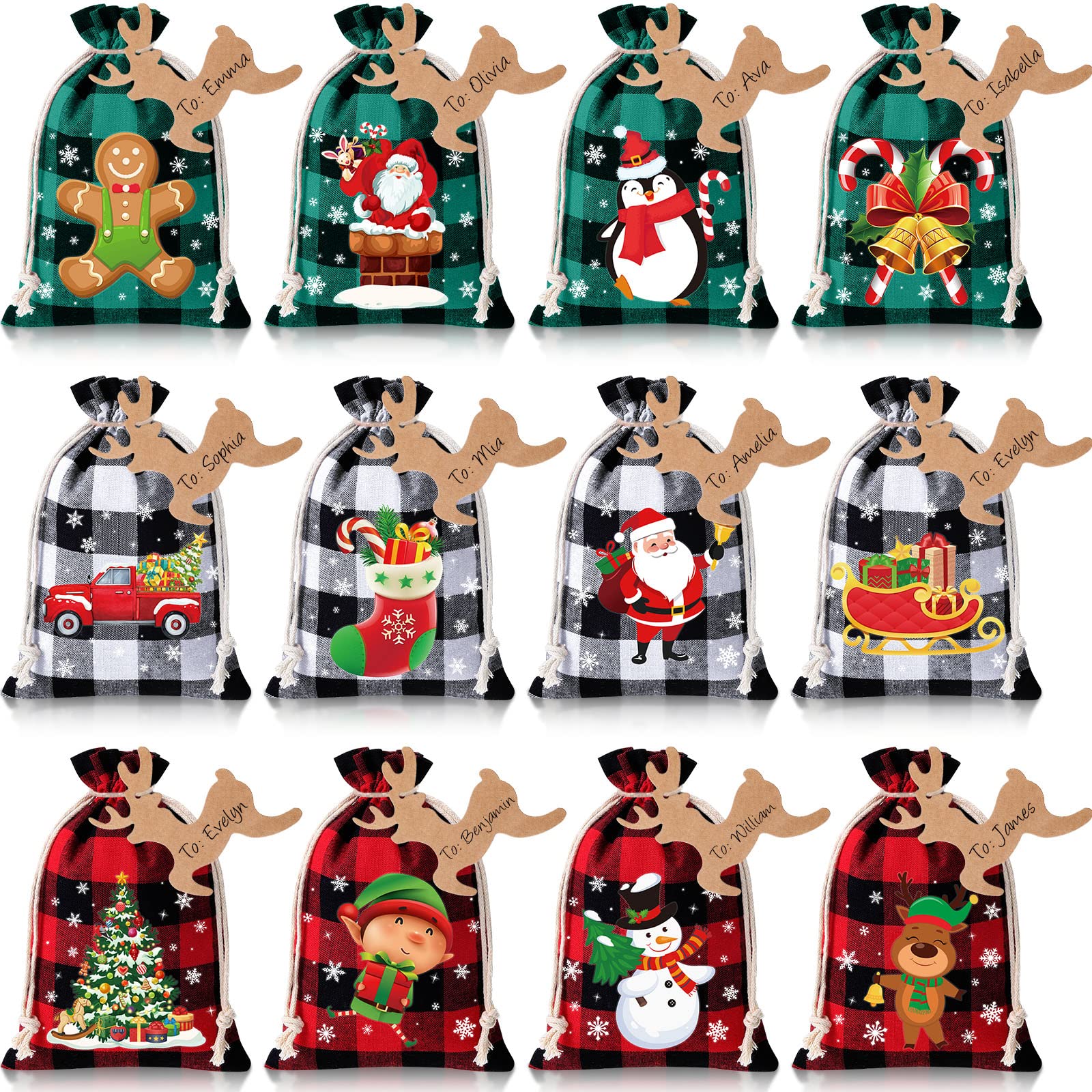 Amazon.com: Shappy 48 Pcs Christmas Drawstring Bags Xmas Buffalo Plaid ...