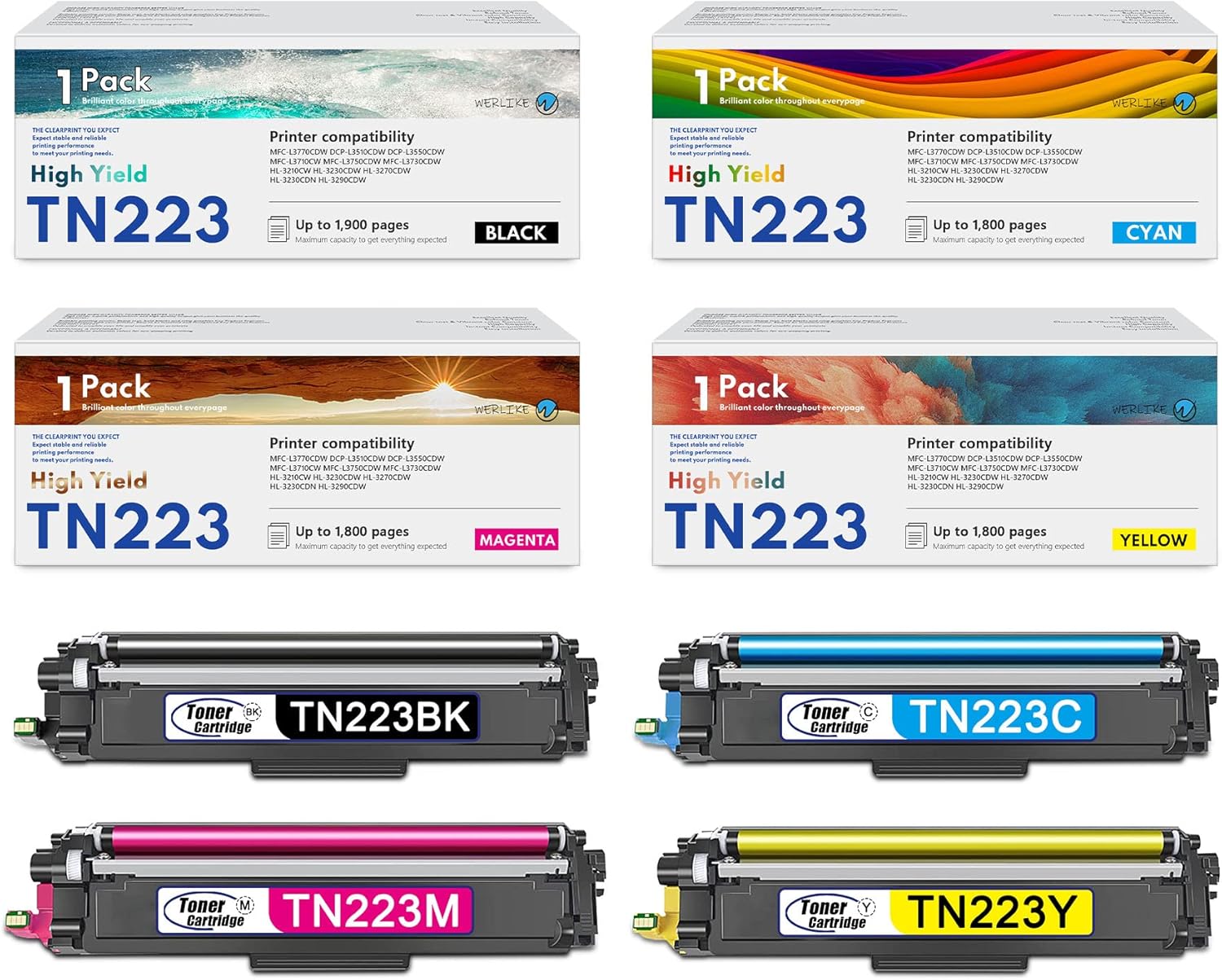Amazon.com: WERLIKE TN223 TN-223BK/C/M/Y Toner Cartridge 4 Pack ...