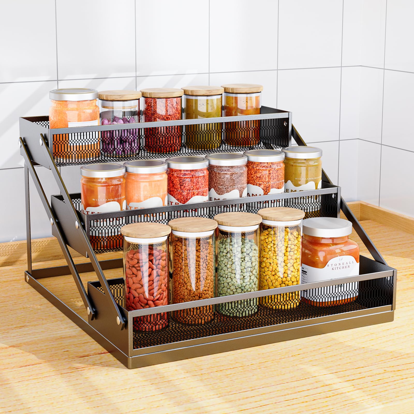 PKBD Stackable Spice Rack Frosted Black Organizer for Cabinet, 3-Tier ...