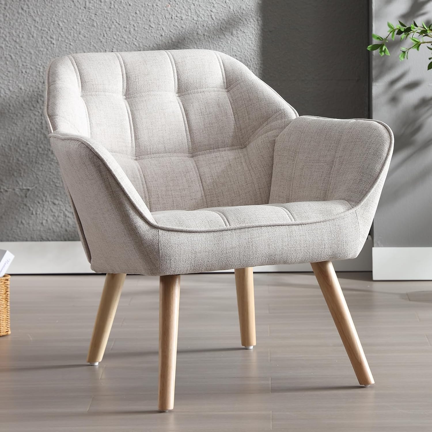 Ya-Home Linen Armchair Upholstered Accent Tub Chair with Wood Legs ...