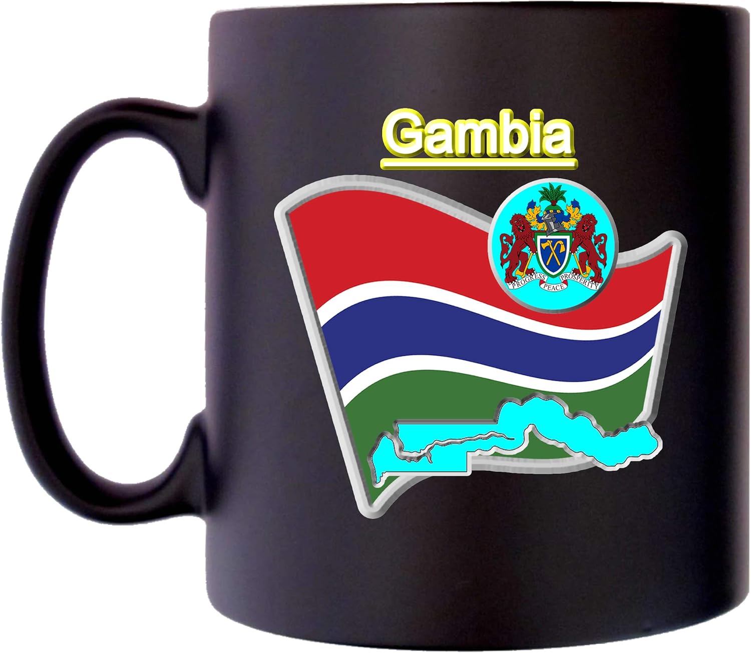 Klassek Gambia Flag Gambian Map Mug Coffee Tea 10oz Black Satin Coat of ...