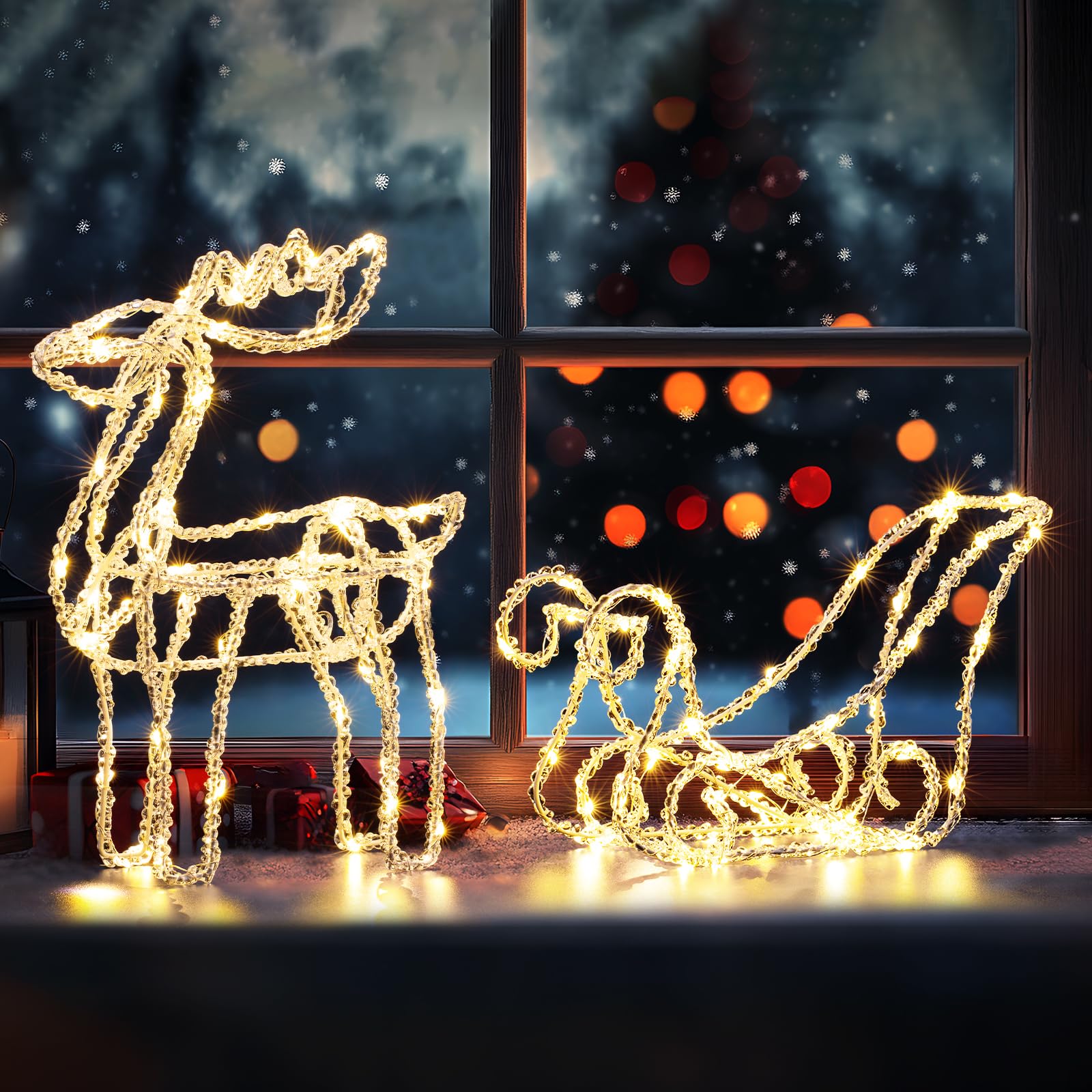 Quntis Reindeer and Sleigh Christmas Decorations Lights Warm White ...