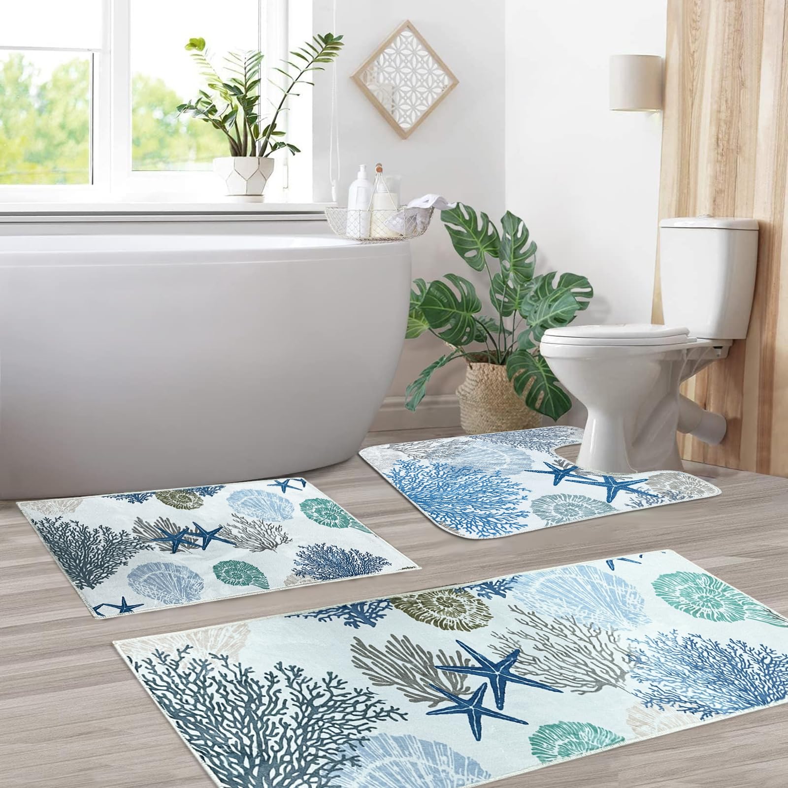 Amazon.com: Blue Corals Seashells Bathroom Rugs Sets 3 Piece Sea Life ...