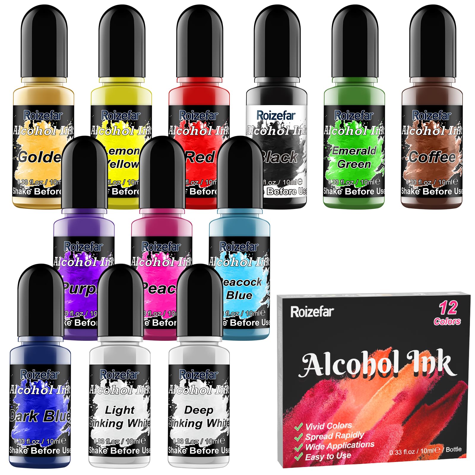 Alcohol Ink Set - 12 Bottles Vivid Colors High Concentration Metallic ...
